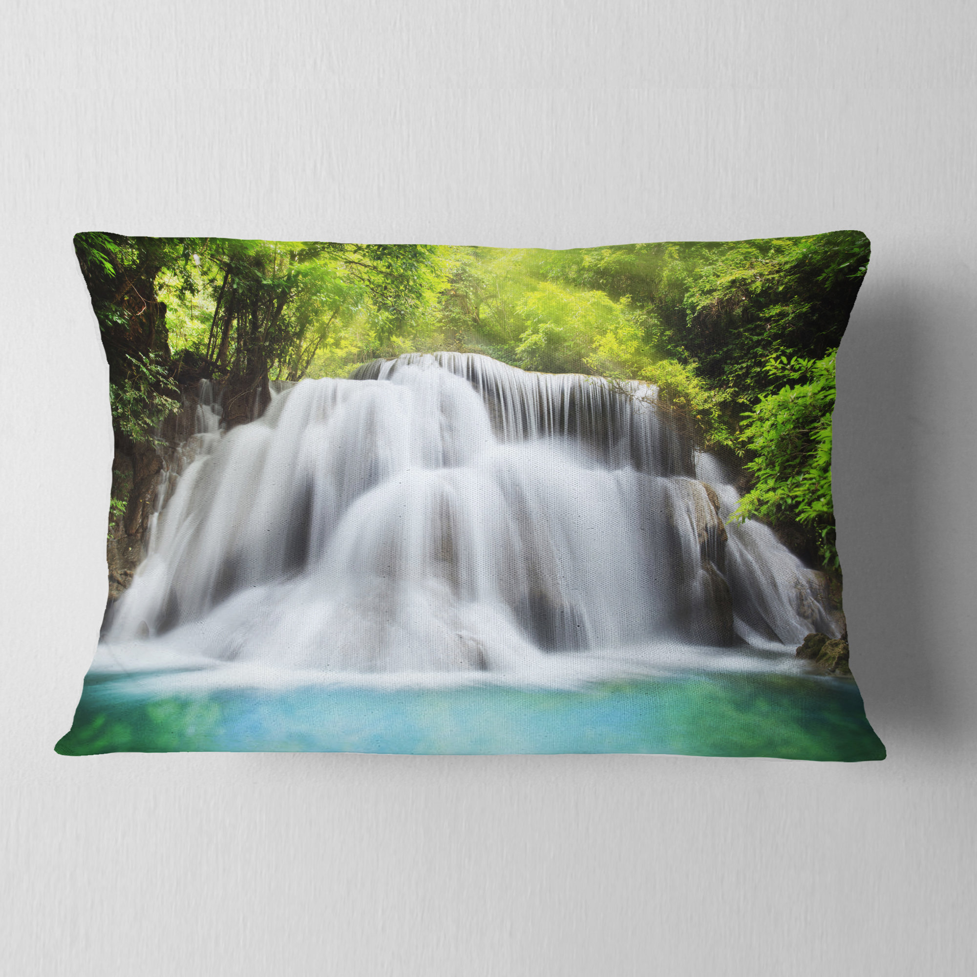 Design Art Huai Mae Kamin Waterfall - Landscape Printed Pillow | Wayfair