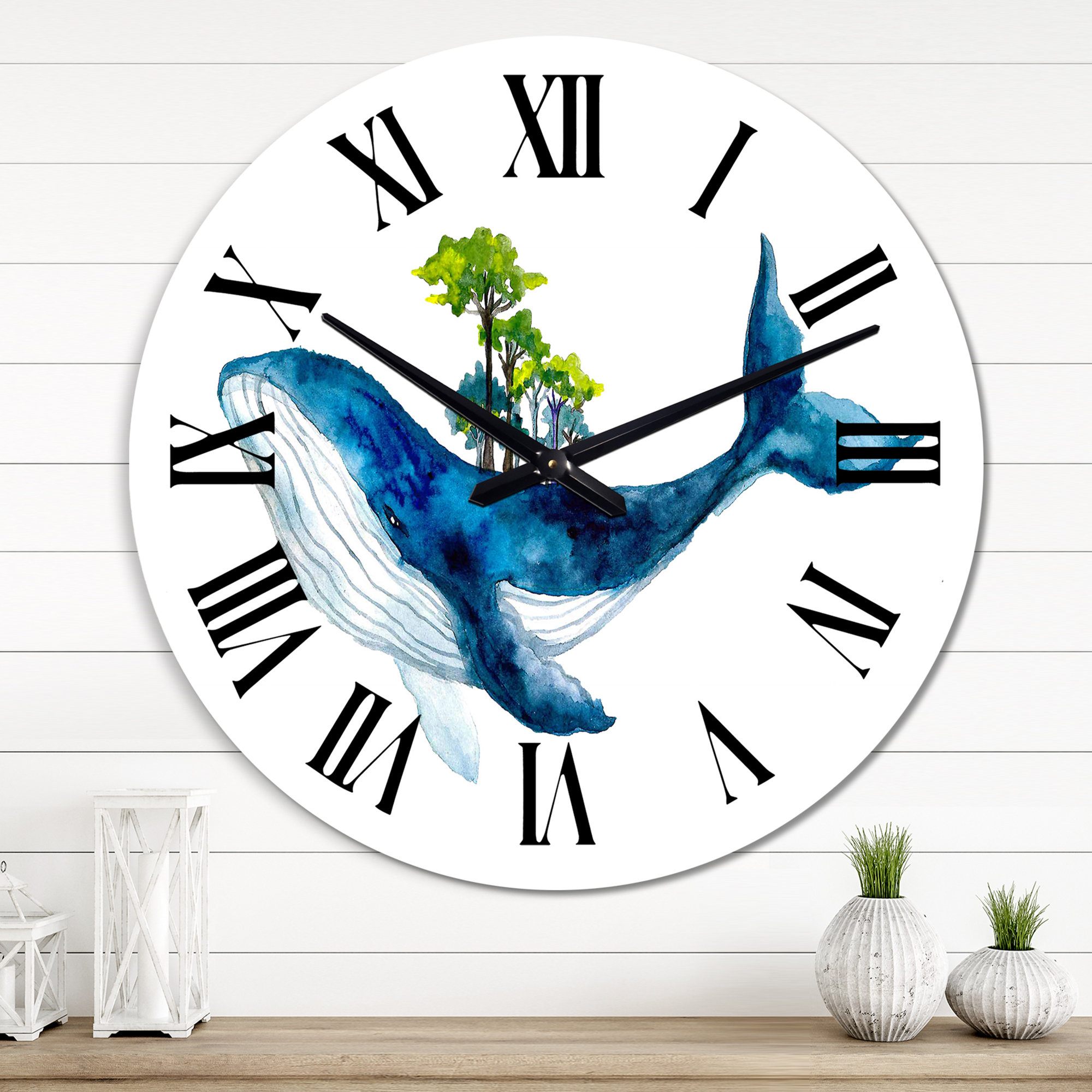 East Urban Home Blue Sperm Whale On White III - Traditional Wall Clock ...