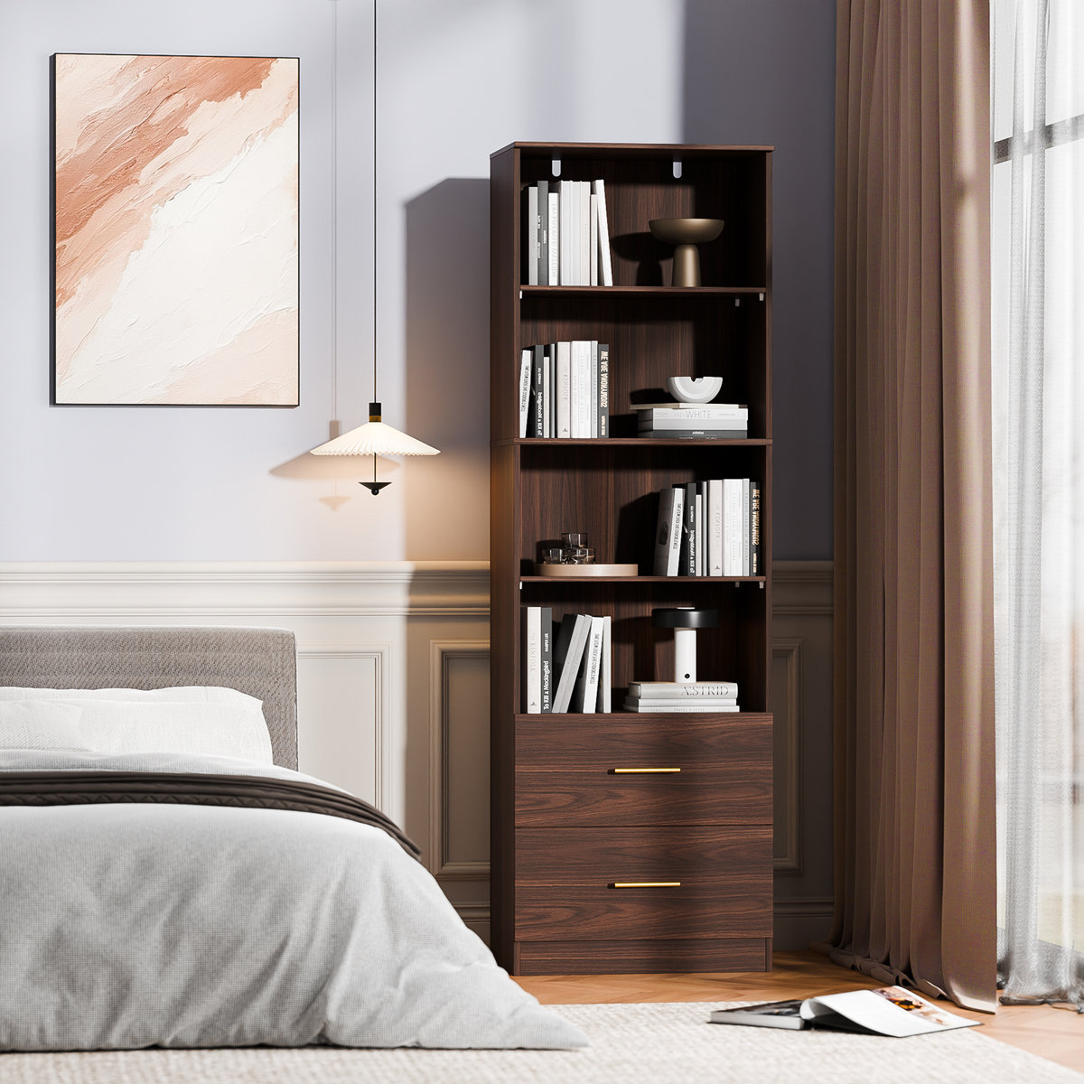 Ebern Designs 74.1" Bookcase with Drawers, 4 Shelf Bookcase with ...