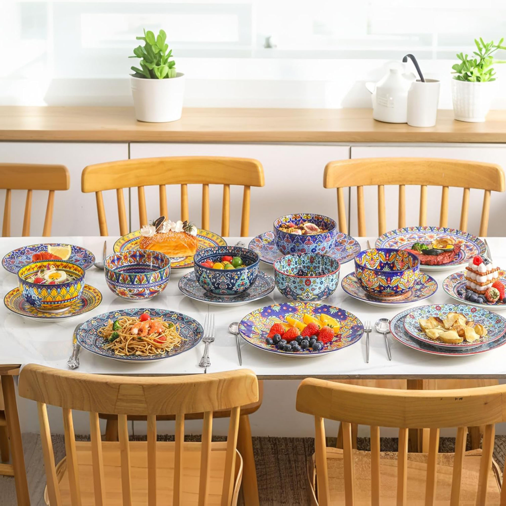 EXBURM Dinnerware Sets For 6, 18 Pieces Plates And Bowls Set, Ceramic ...