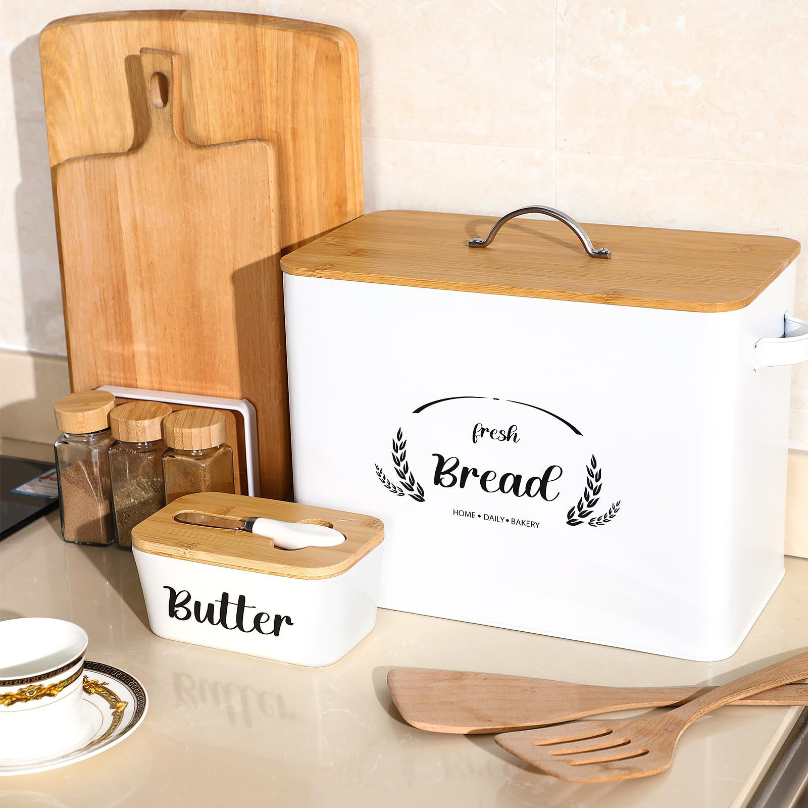 Gracie Oaks 2 Pcs Extra Large Bread Box And Butter Dish With Bamboo Lid ...