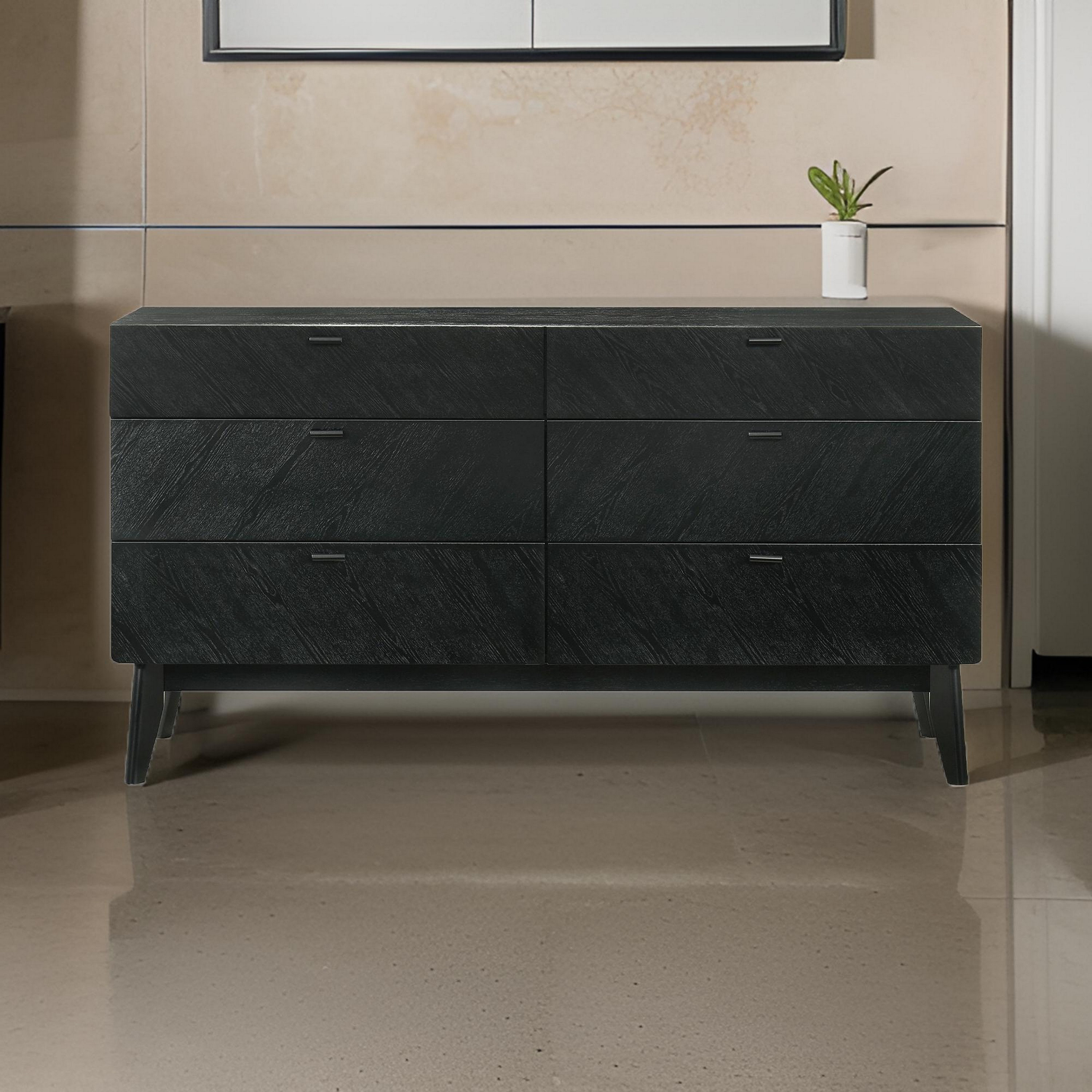Wade Logan Branon 55" Wide Double Dresser with 6 Drawers in Black ...