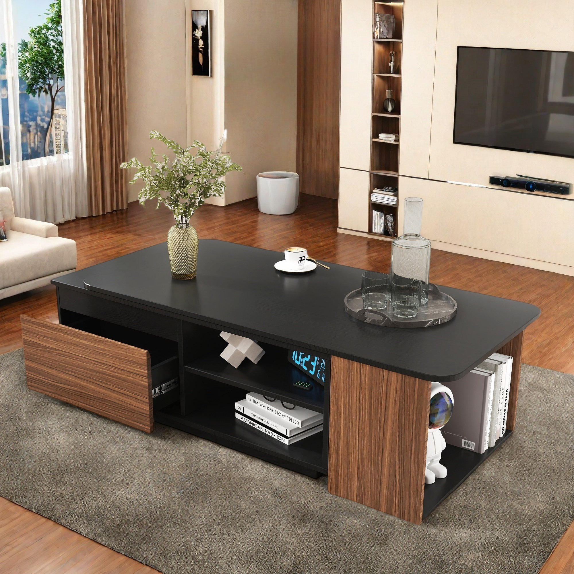 Ebern Designs Extendable Long Rectangular Coffee Table With 2 Storage ...