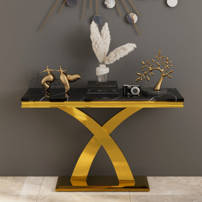 Everly Quinn Devendra 50'' Luxury Gold Console Tables with Rich Gold X ...