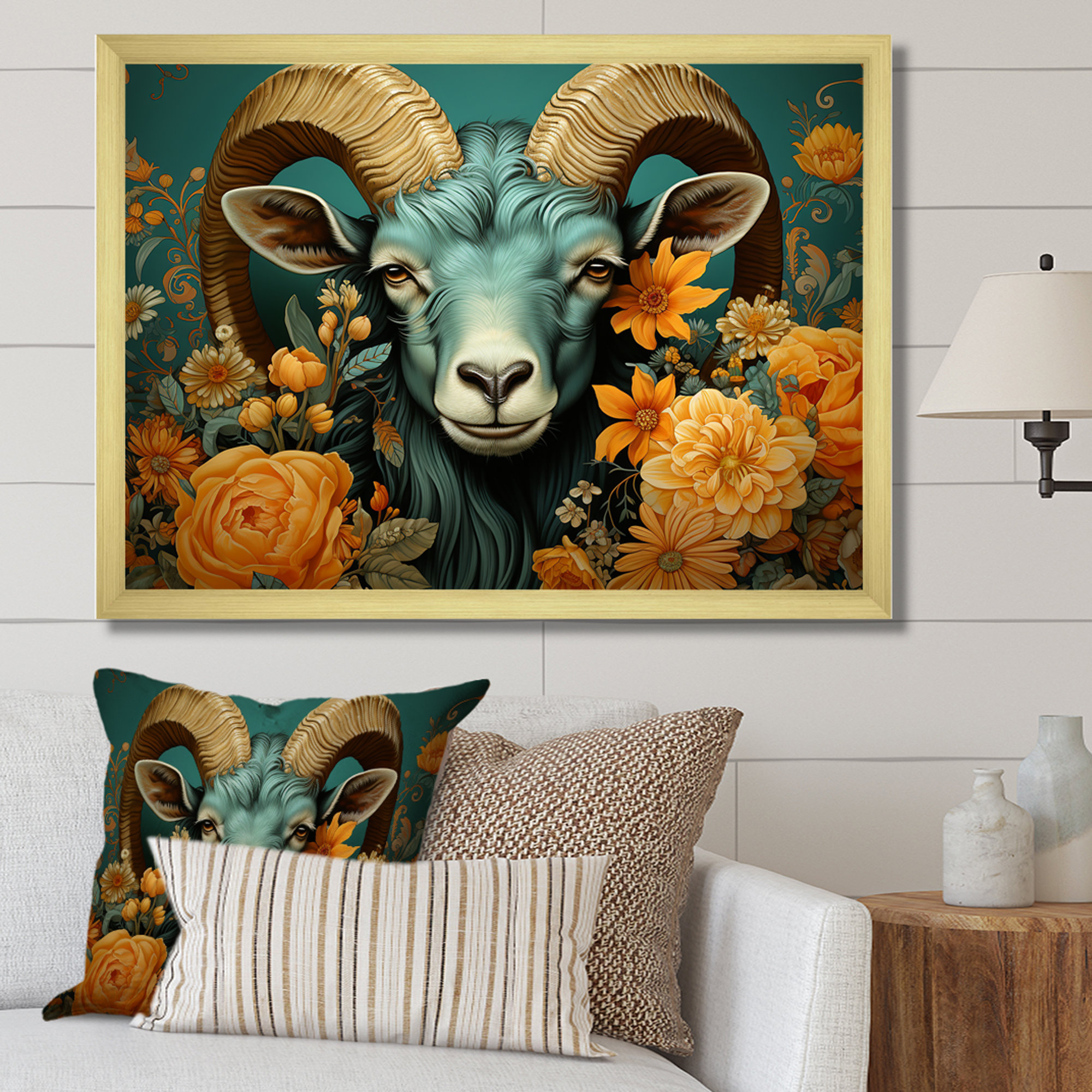 August Grove® Blue And Orange Goat Modern Portrait - Goat Animal Wall ...