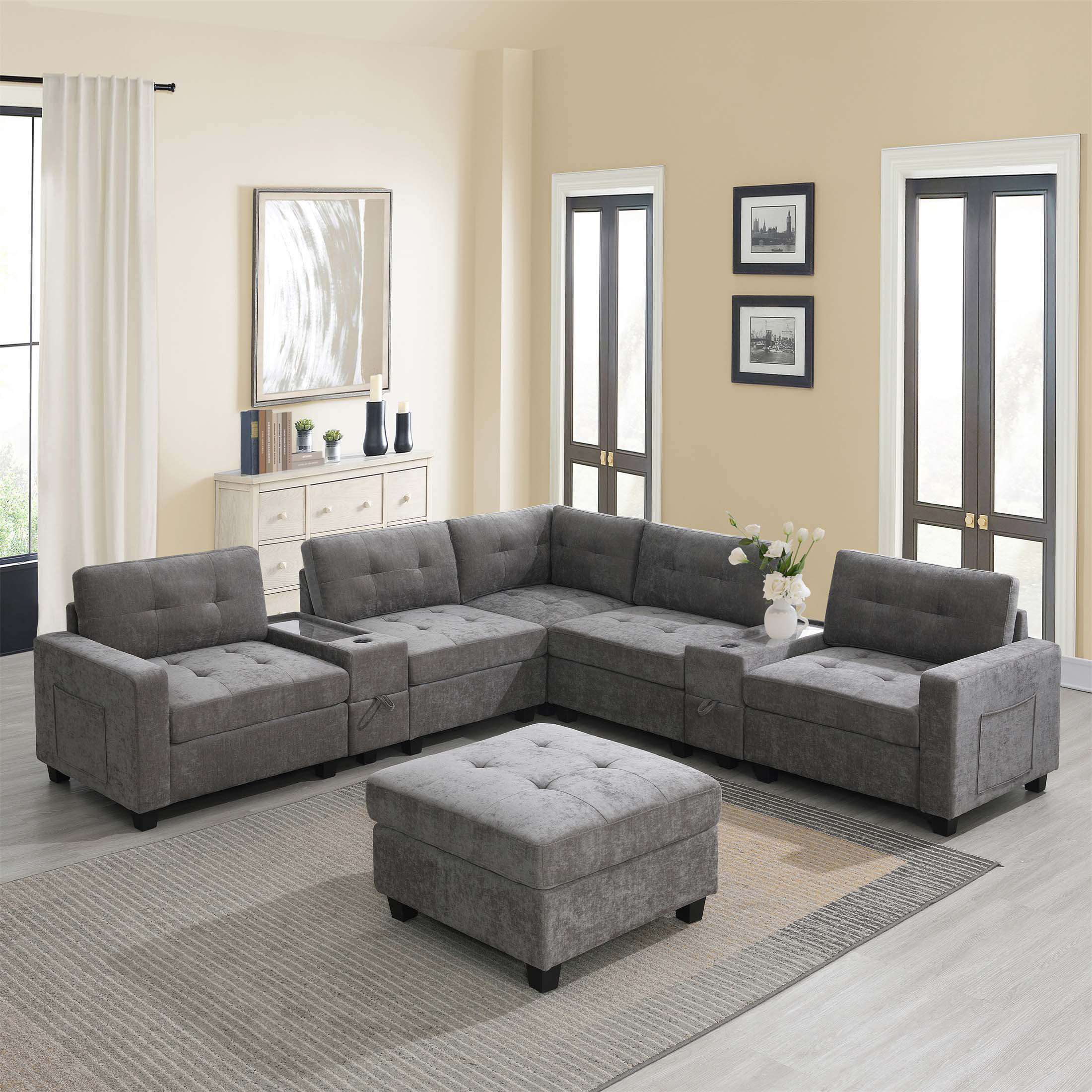 Marissa furniture Sectional Sofa With Acrylic Table Top, Chenille U ...