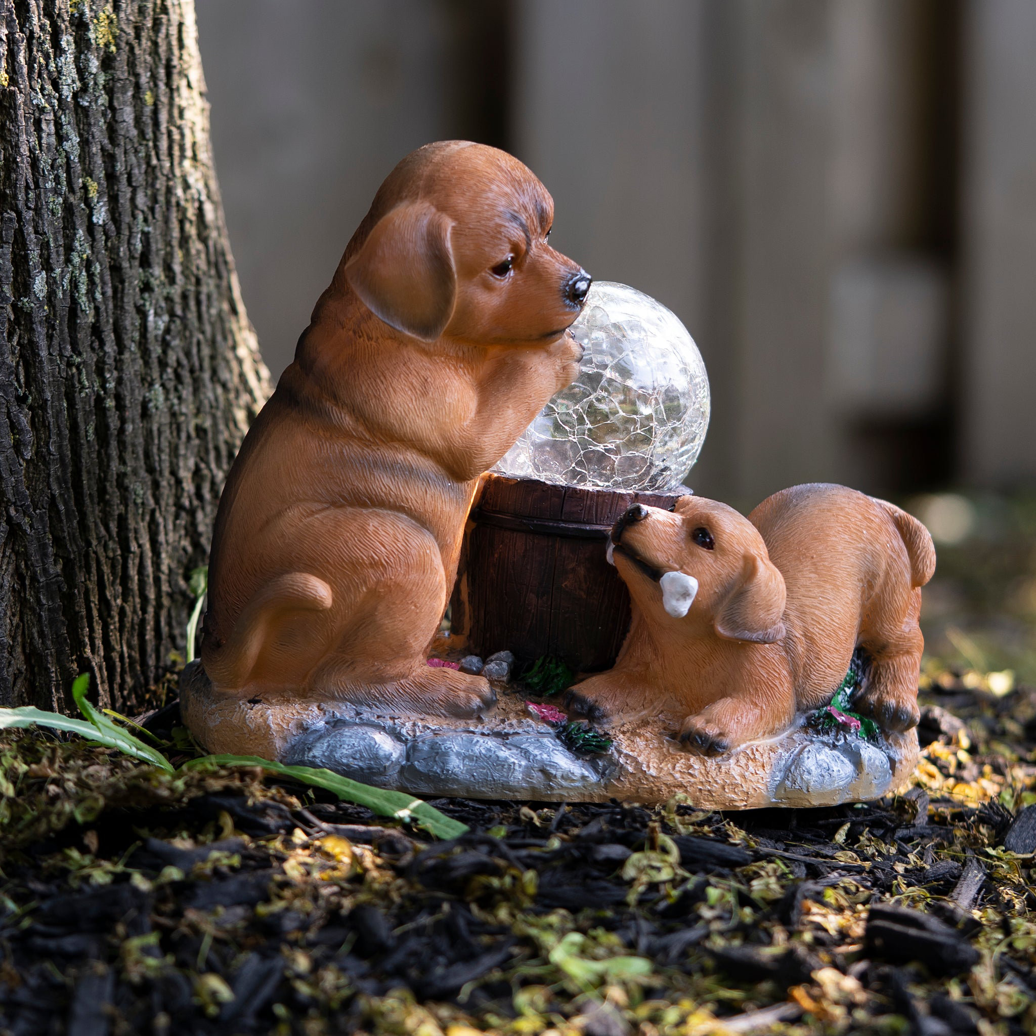 Winston Porter Playful Puppies Solar Garden Statue Outdoor Dog Decor ...