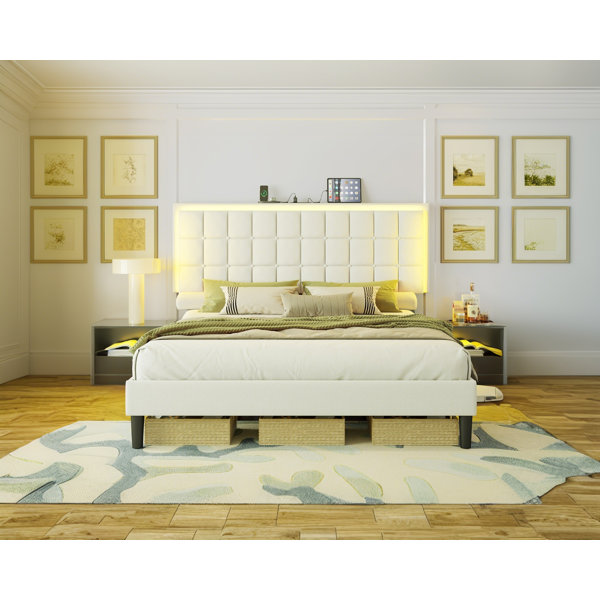 Wade Logan® Berdean Button Tufted Platform Bed Frame with LED Lights ...