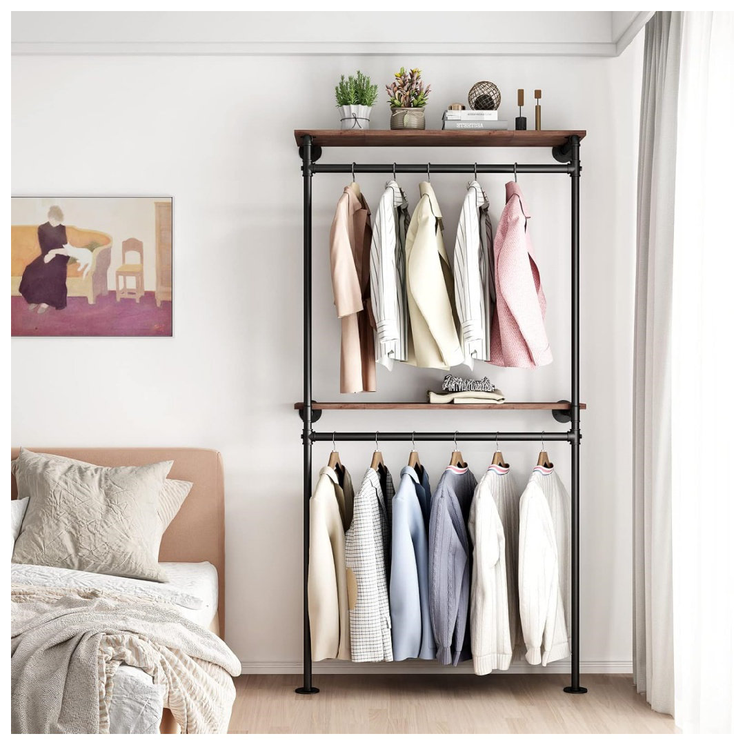 17 Stories Industrial Pipe Clothing Racks With 2 Tier Shelves, Wall ...