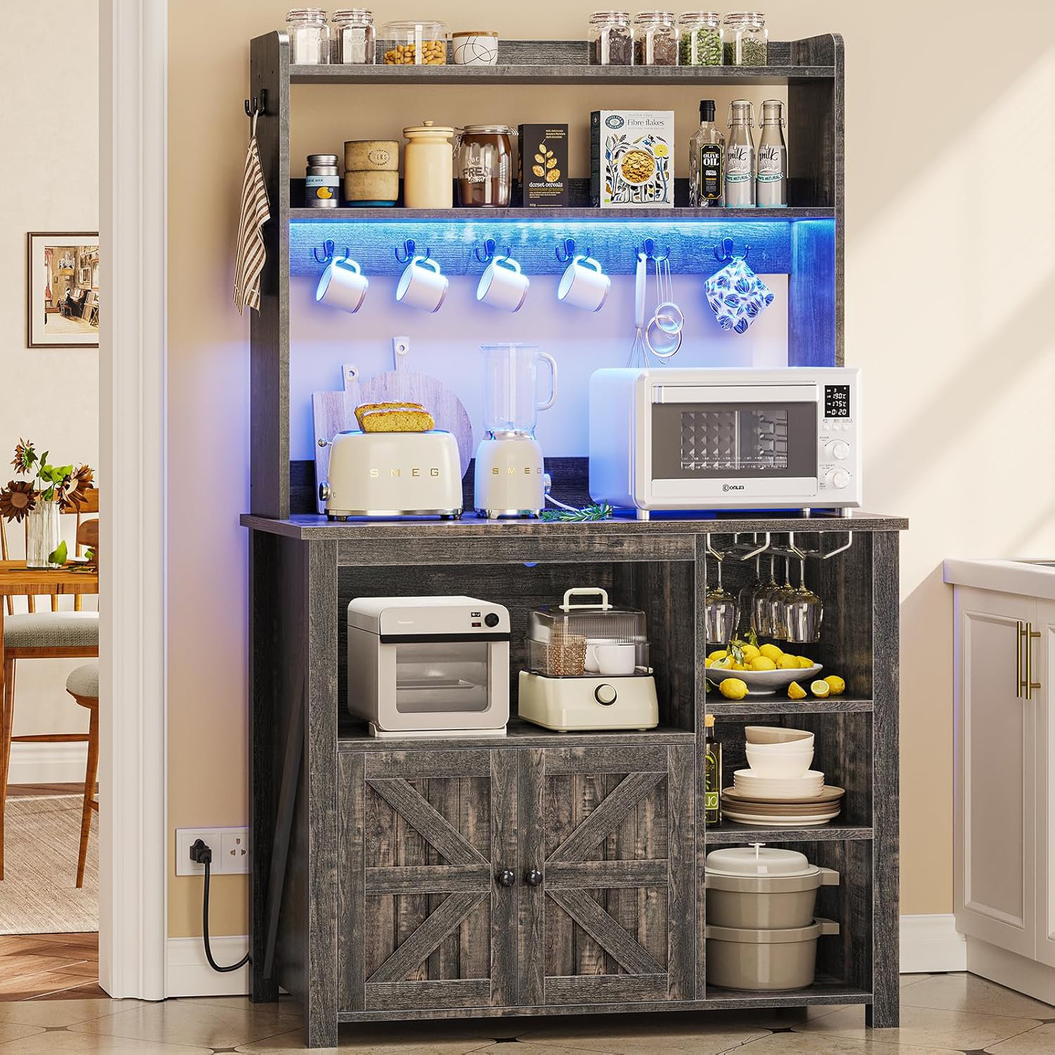 Ivy Bronx Coffee Bar Cabinet, Bakers Rack with Power Outlet and Storage ...