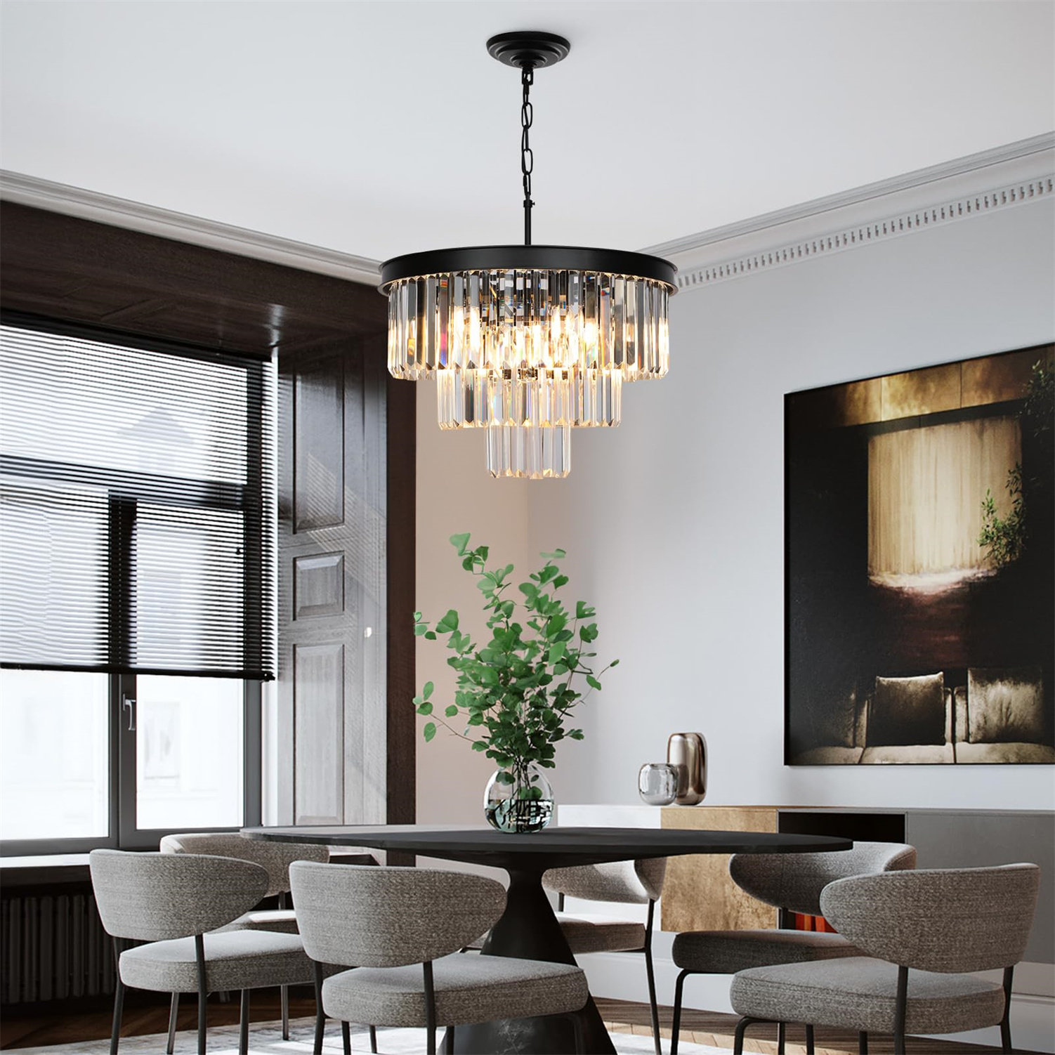 Mercer41 Modern Black Crystal Chandelier 20", Luxury 3-Tier Design ...