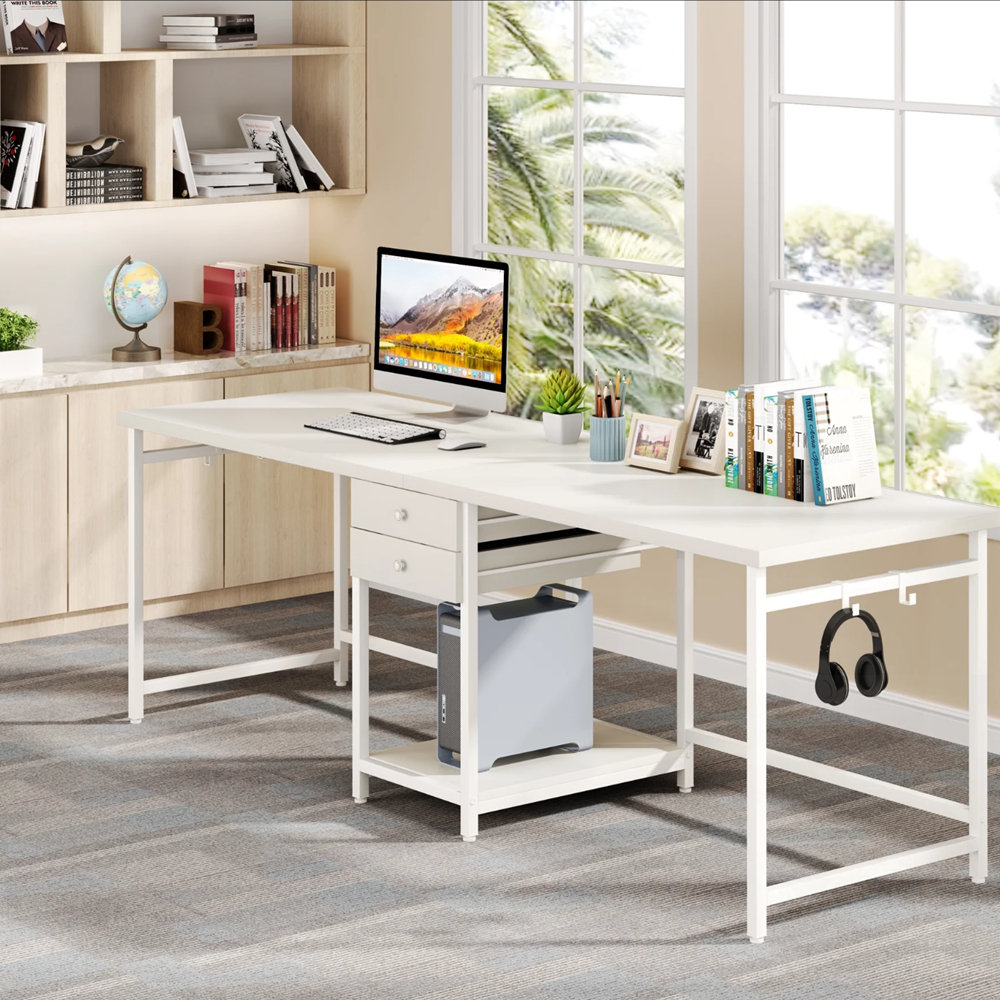 17 Stories Two Person Computer Desk with Drawers and Storage Shelves ...