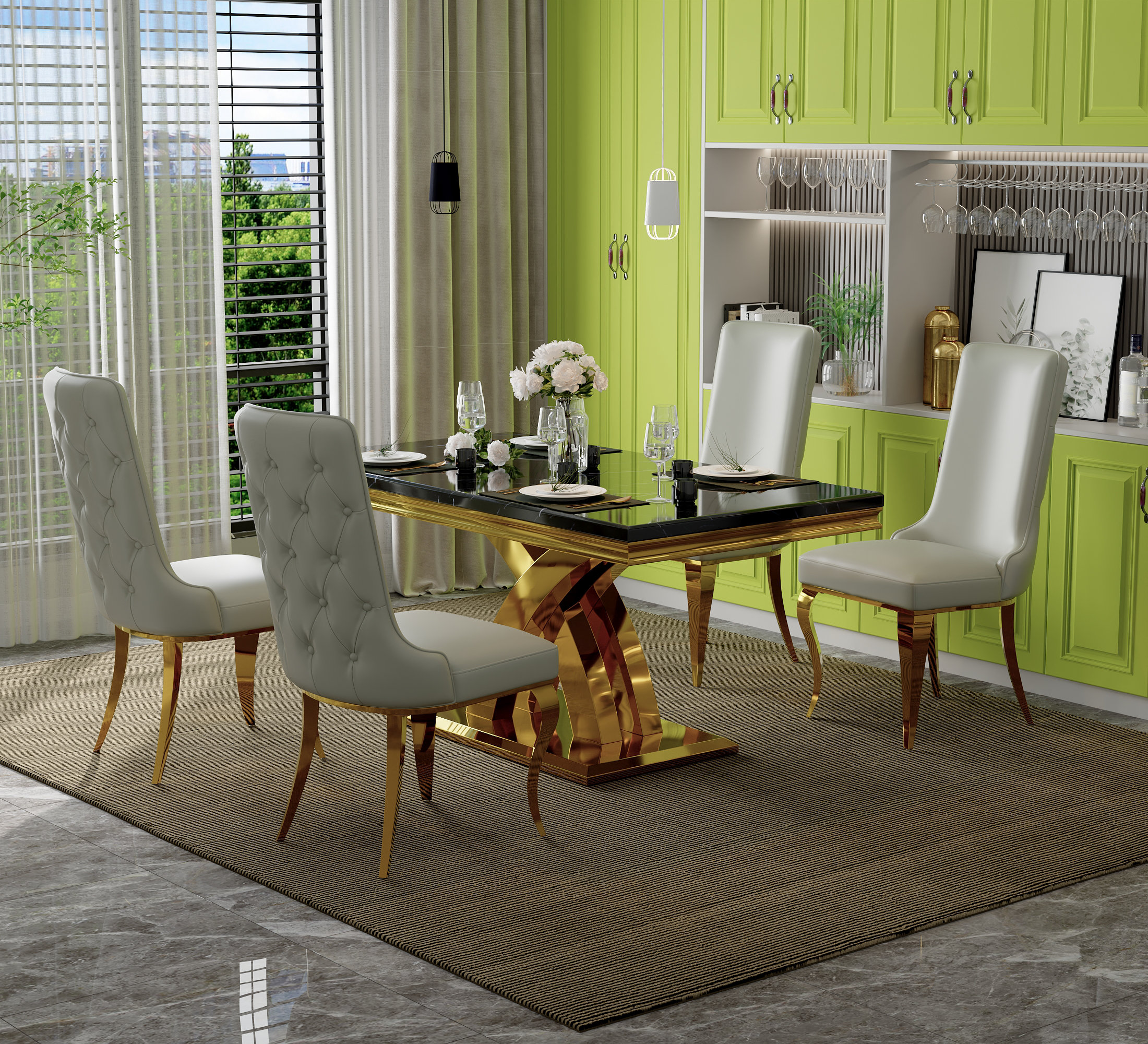 Rosdorf Park 5 Piece Silver Chrome Dining Table Set With 4 Black Velvet ...