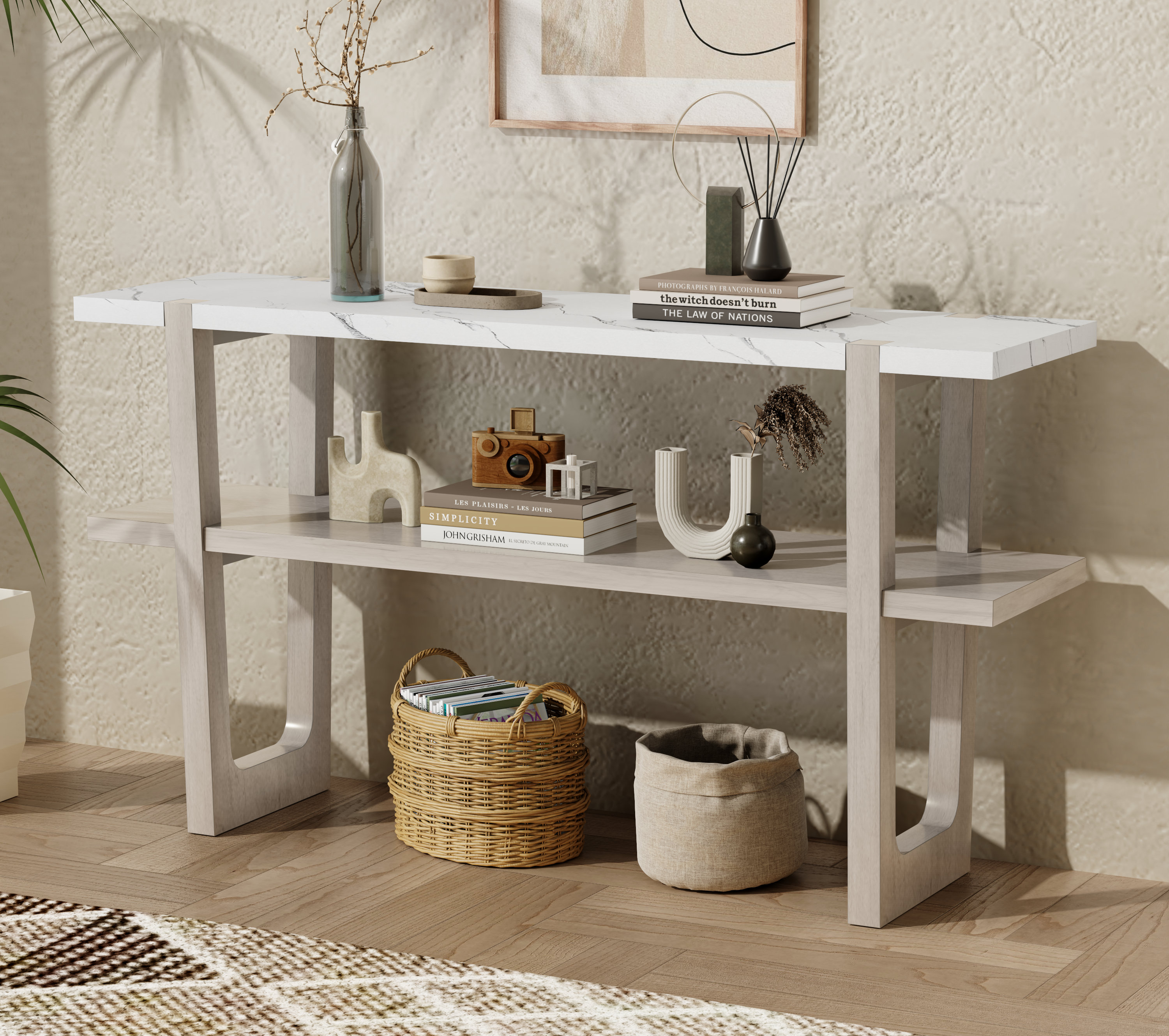 George Oliver TREXM Retro Elegant Console Table with Marble-Effect Top and Versatile Storage ...