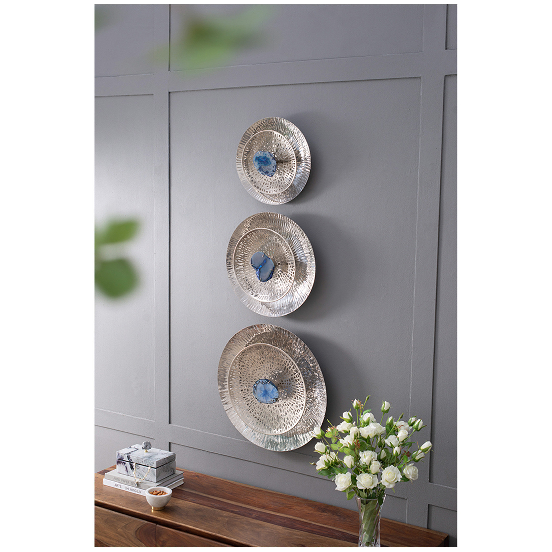 Orren Ellis Silver Textured Oversized Disc, Wall Decor For Living Room ...