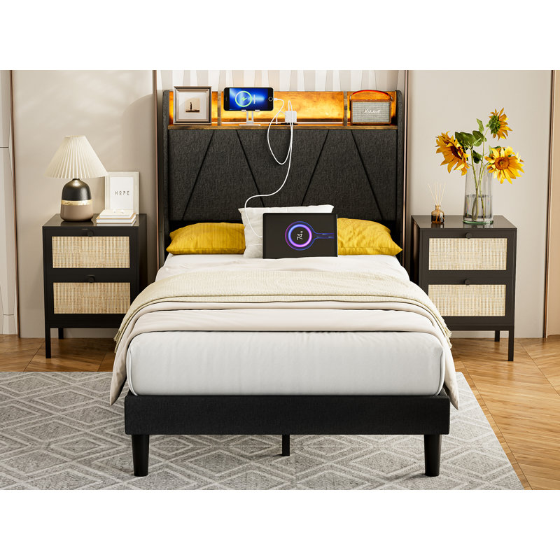 Ivy Bronx Gearl Upholstered Bed With Storage Shelf Headboard & Charging ...