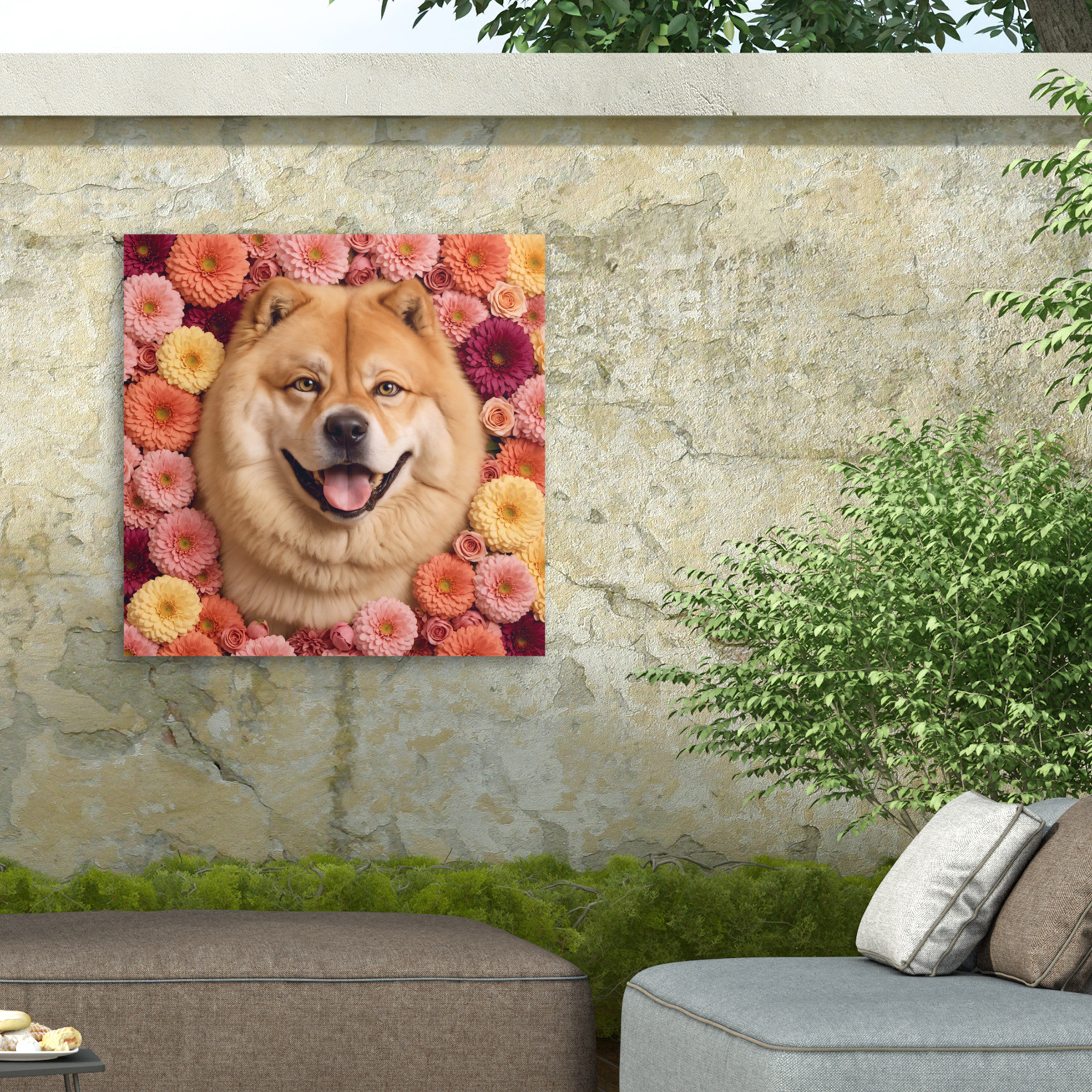 Ebern Designs Ben Heine Cute Chowchow Dog With Flowers 4 Outdoor Canvas ...