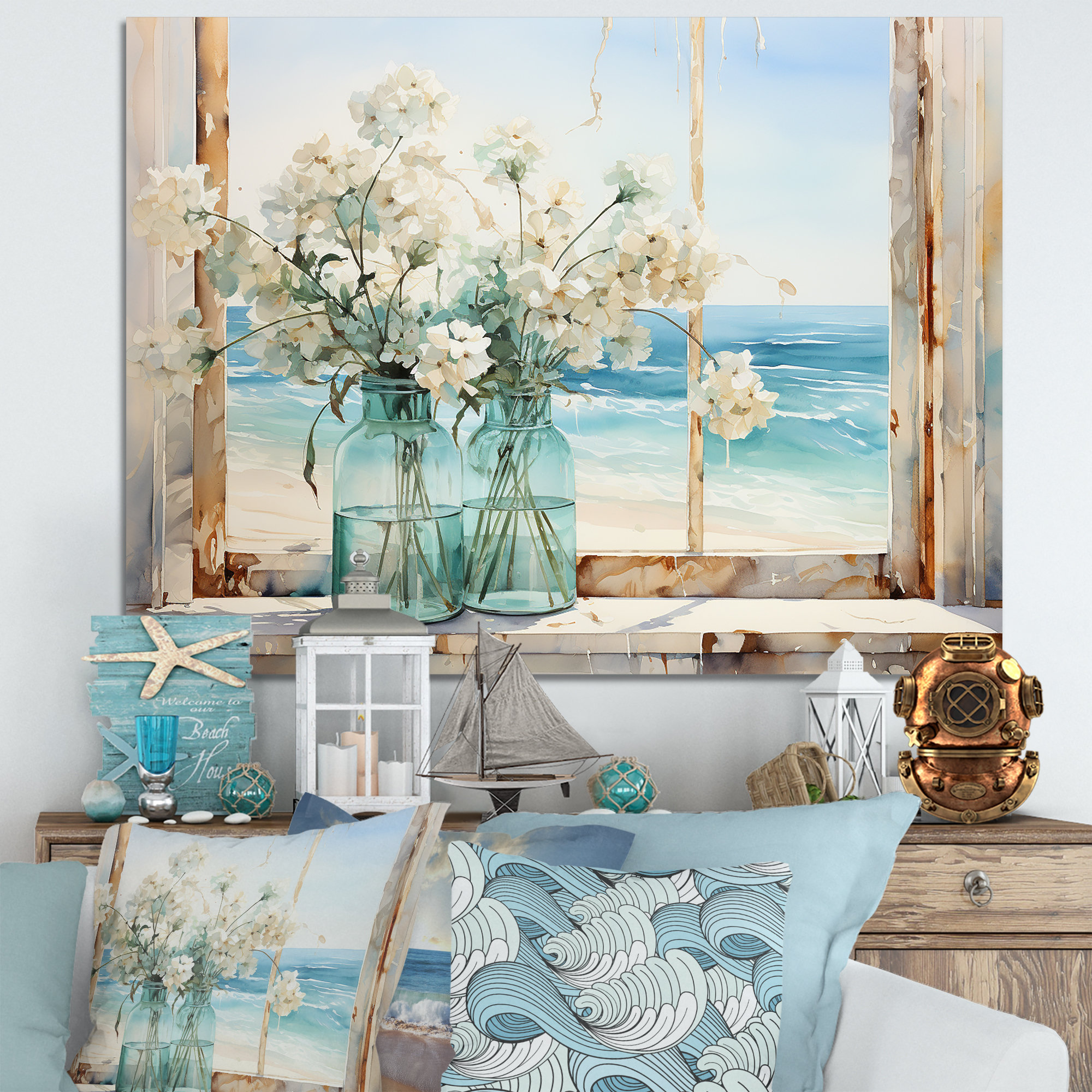Dovecove Blue Window Beachfront View Blooms I - Coastal Windows Wall ...