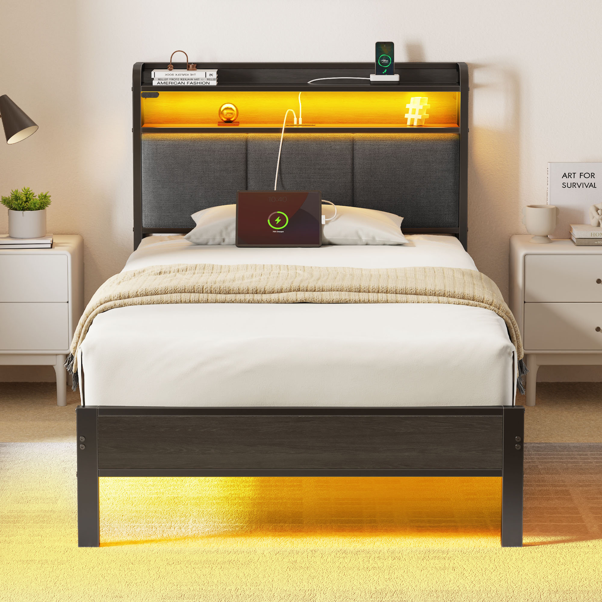 Wrought Studio Bed with Bookcase Storage Headboard, Upholstered Bed ...