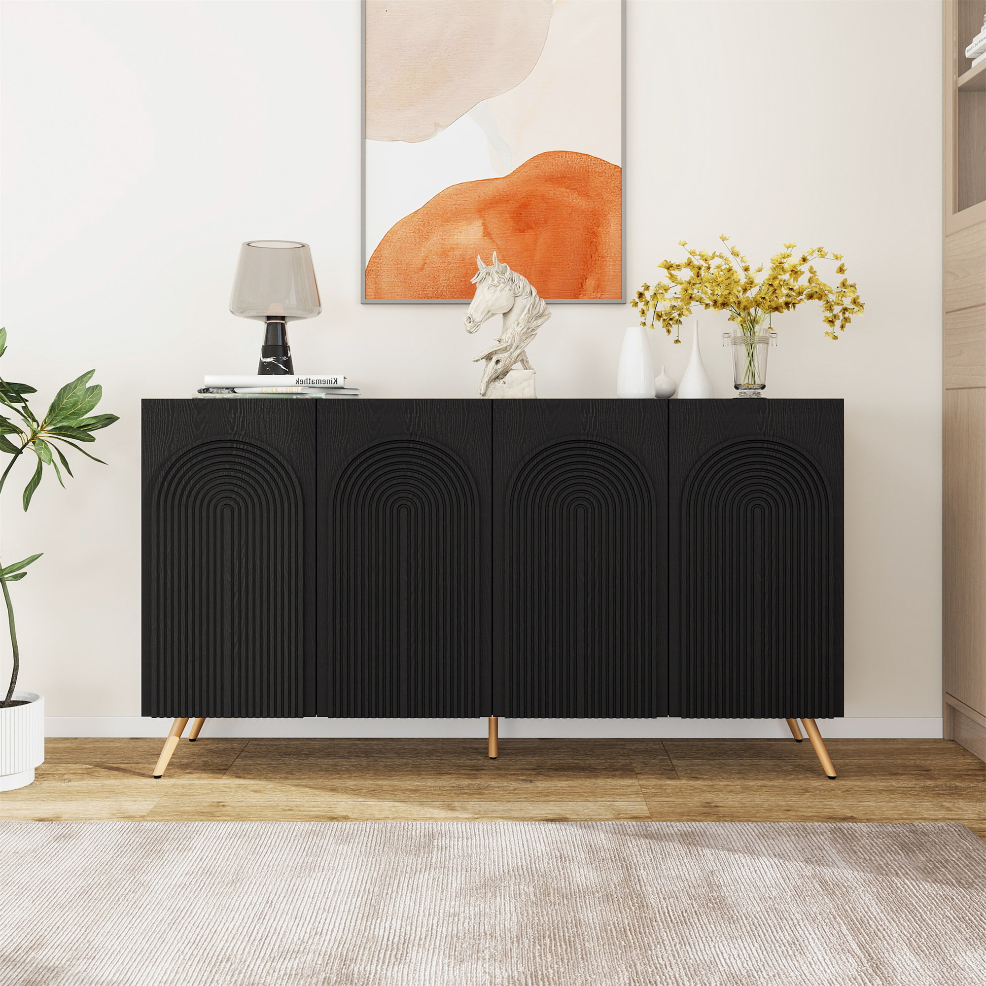 Mercer41 Arch 3d Carved 4 Door Sideboard ,sideboard Buffet Cabinet With ...