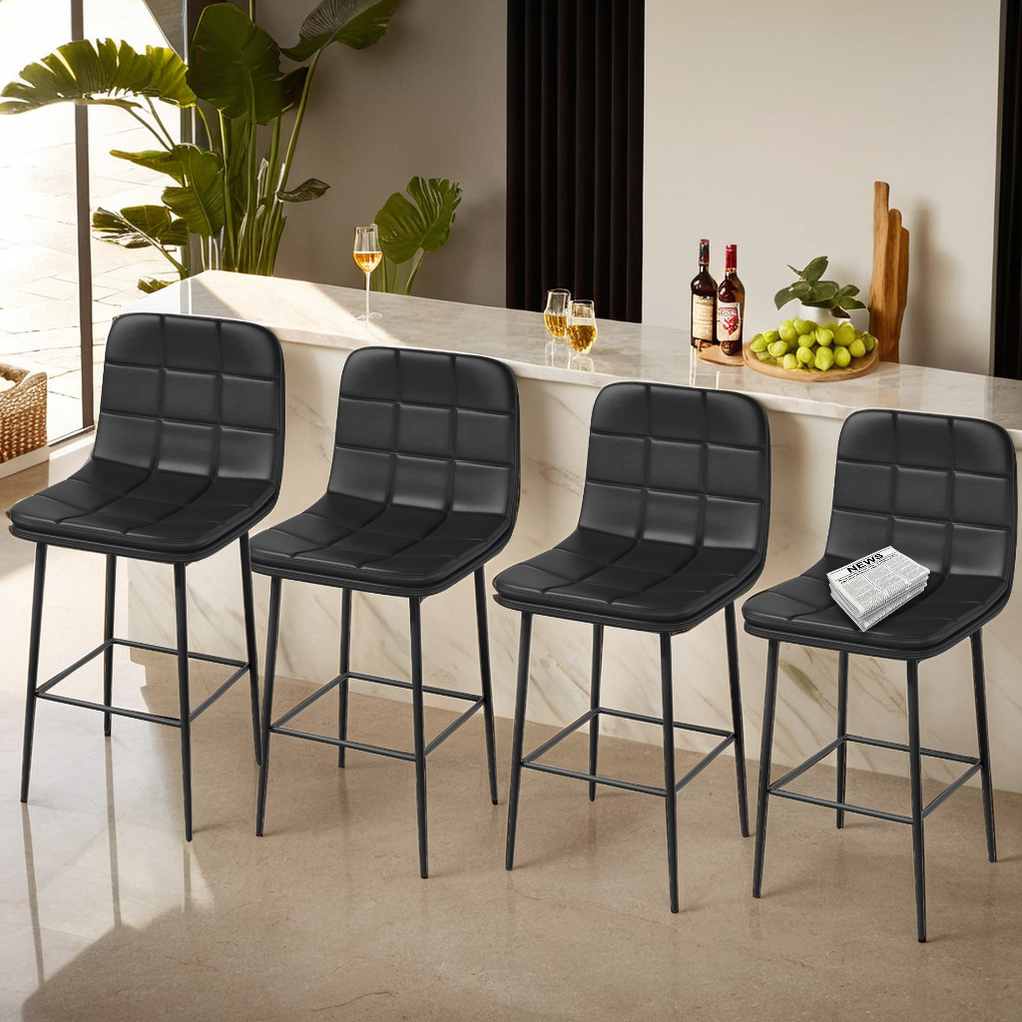 George Oliver Modern PU Double Cushion Bar Stools With Metal Frames(Set ...