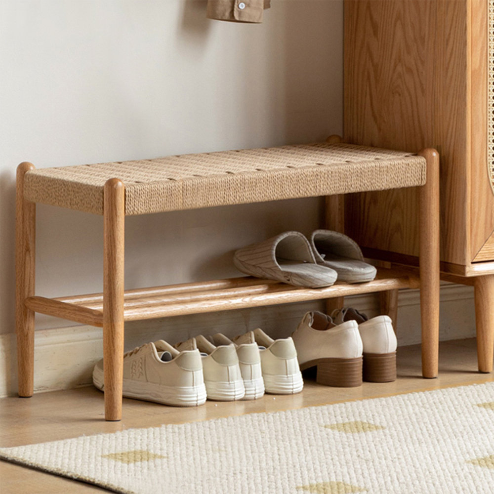 Hokku Designs Burlywood Solid wood + Cotton rope braid Bench | Wayfair