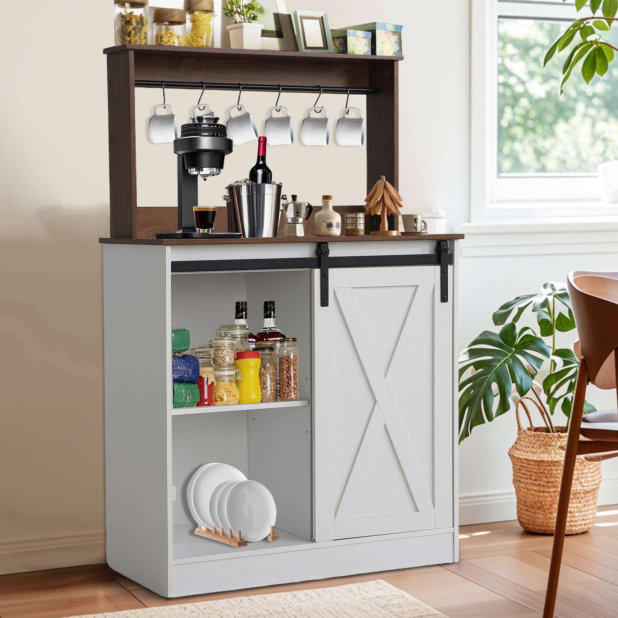 Gracie Oaks Farmhouse Coffee Bar with Sliding Barn Door, White Home ...