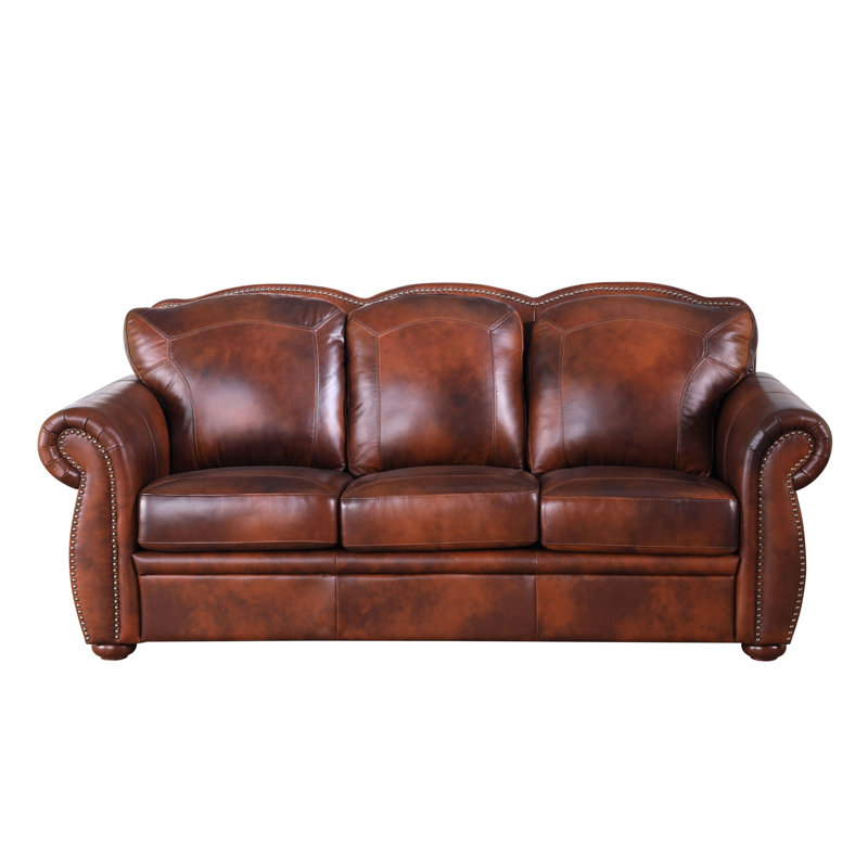 Leather Lusso Rowan Traditional Top Grain Leather Sofa With Nailhead ...