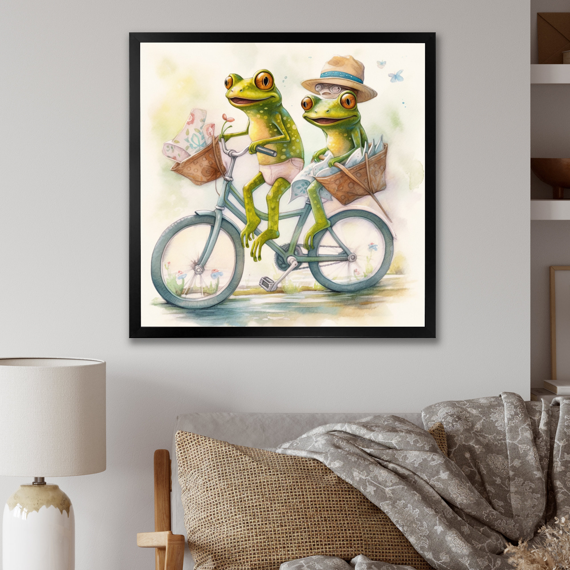 Trinx Green Frogs Riding A Bike - Animal Frog Wall Art Living Room ...