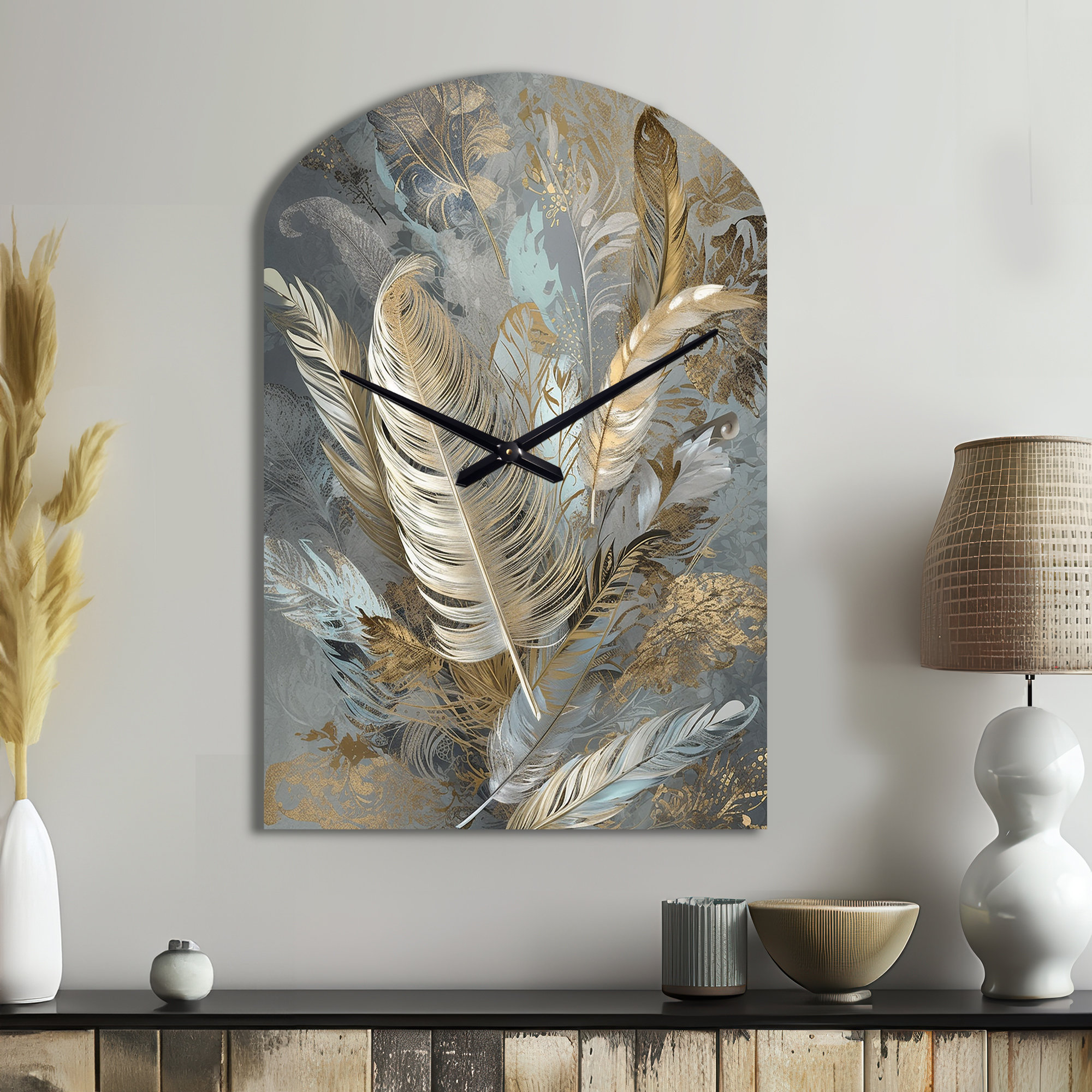 Design Art Gold Feather Extravaganza V - Arch Shape Decorative Gold ...