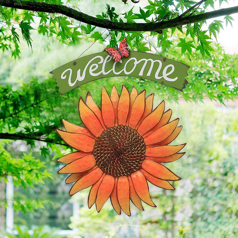 Gracie Oaks Metal Hanging Sunflower Welcome Sign | Wayfair
