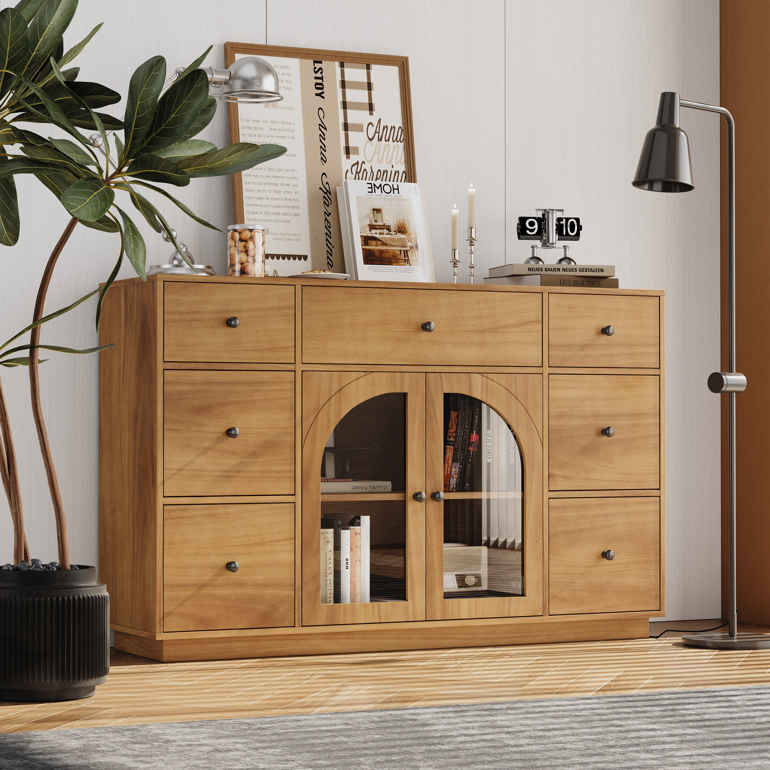 NFusion Marenza Contemporary Wood Sideboard With Glass Cabinet And ...