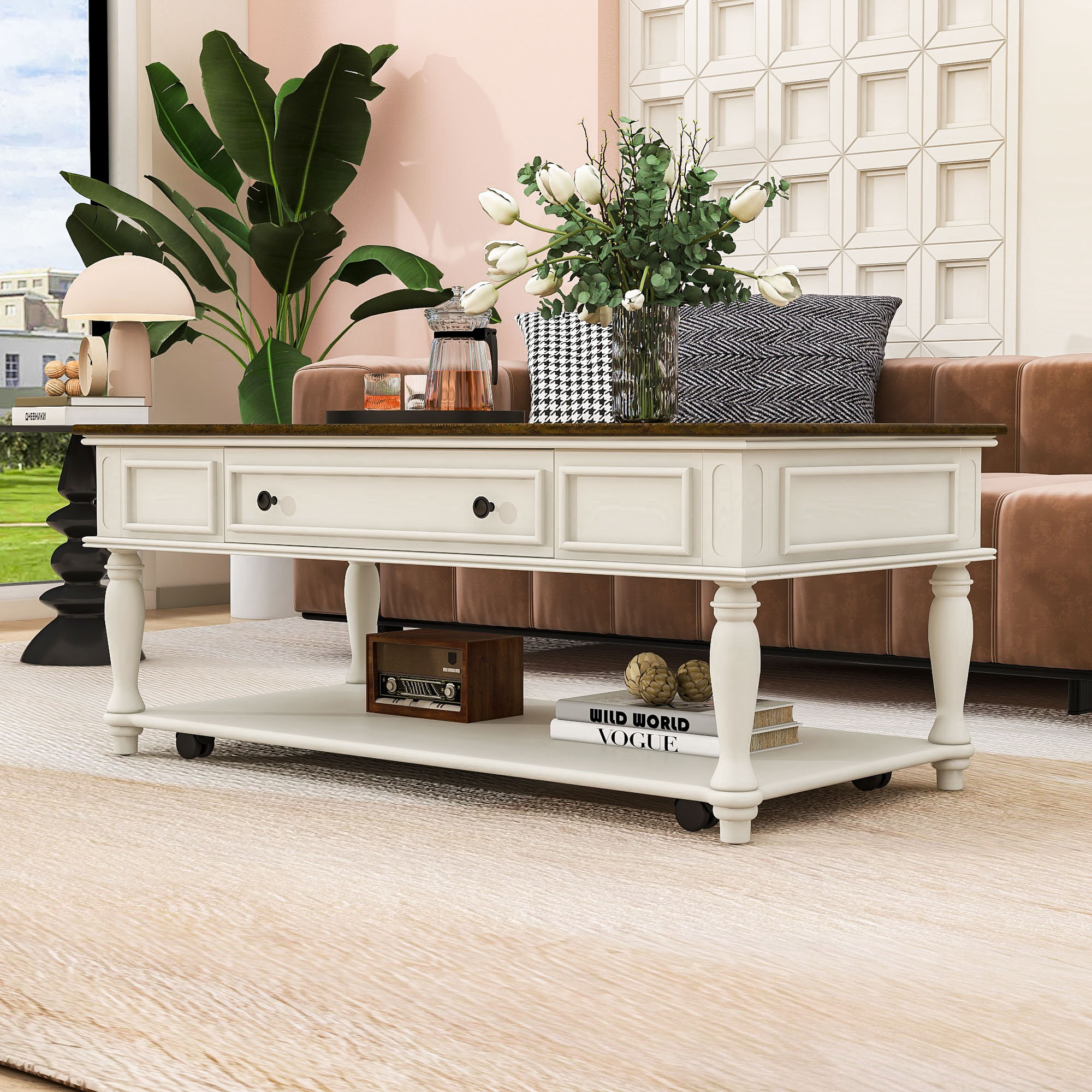 Alcott Hill® Farmhouse Wooden Coffee Table with Storage Drawer, Wood ...