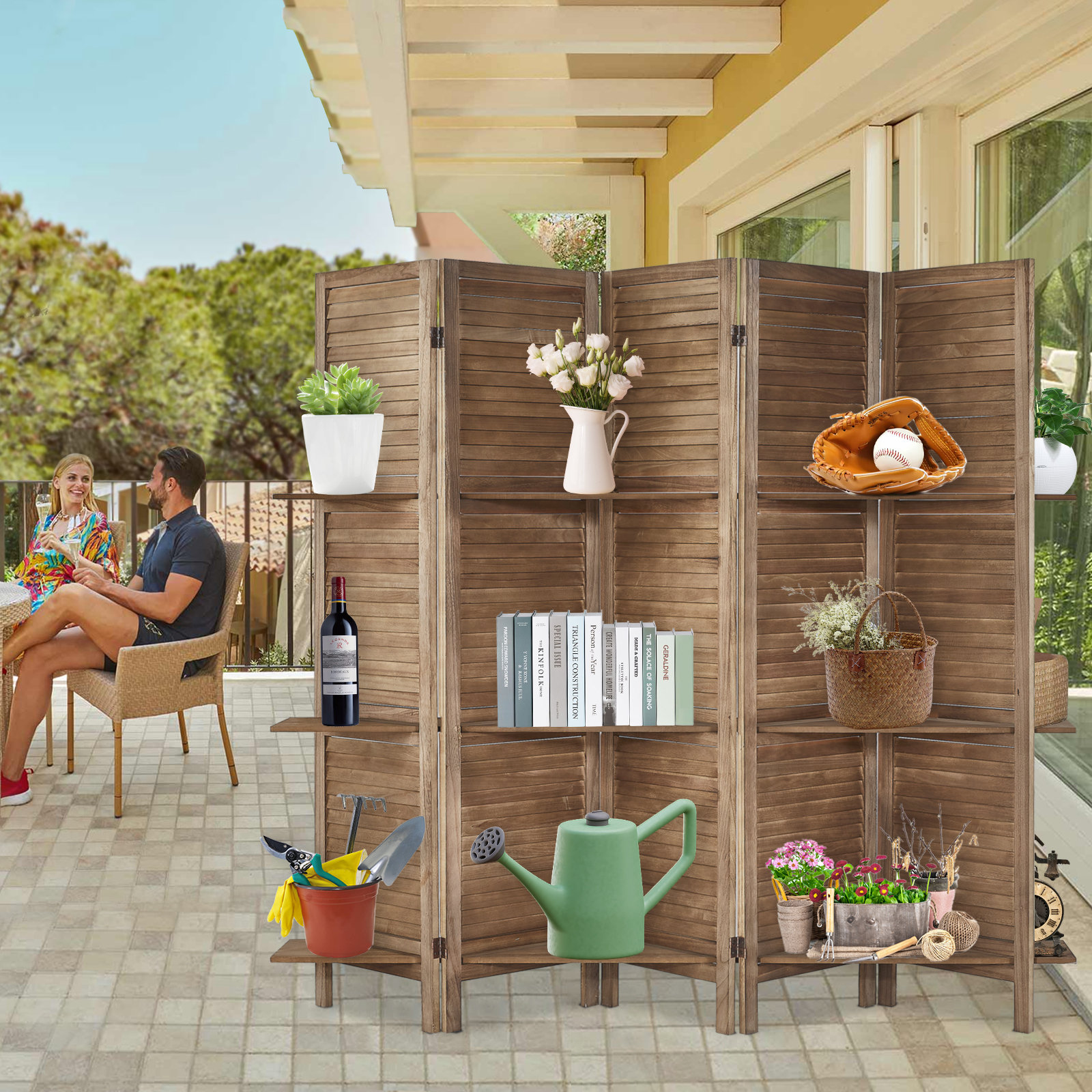 Beachcrest Home™ Artoria Panels Room Divider with Shelves Folding ...