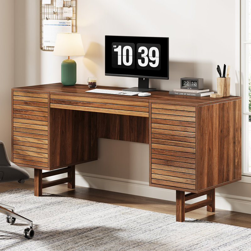 Ebern Designs Rustic Wood Computer Desk With Storage Cabinet And Drawer ...