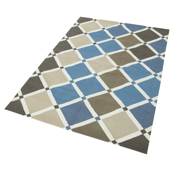 Ebern Designs Geometric Duri Blue Geometric Wool Handmade Area Rug ...