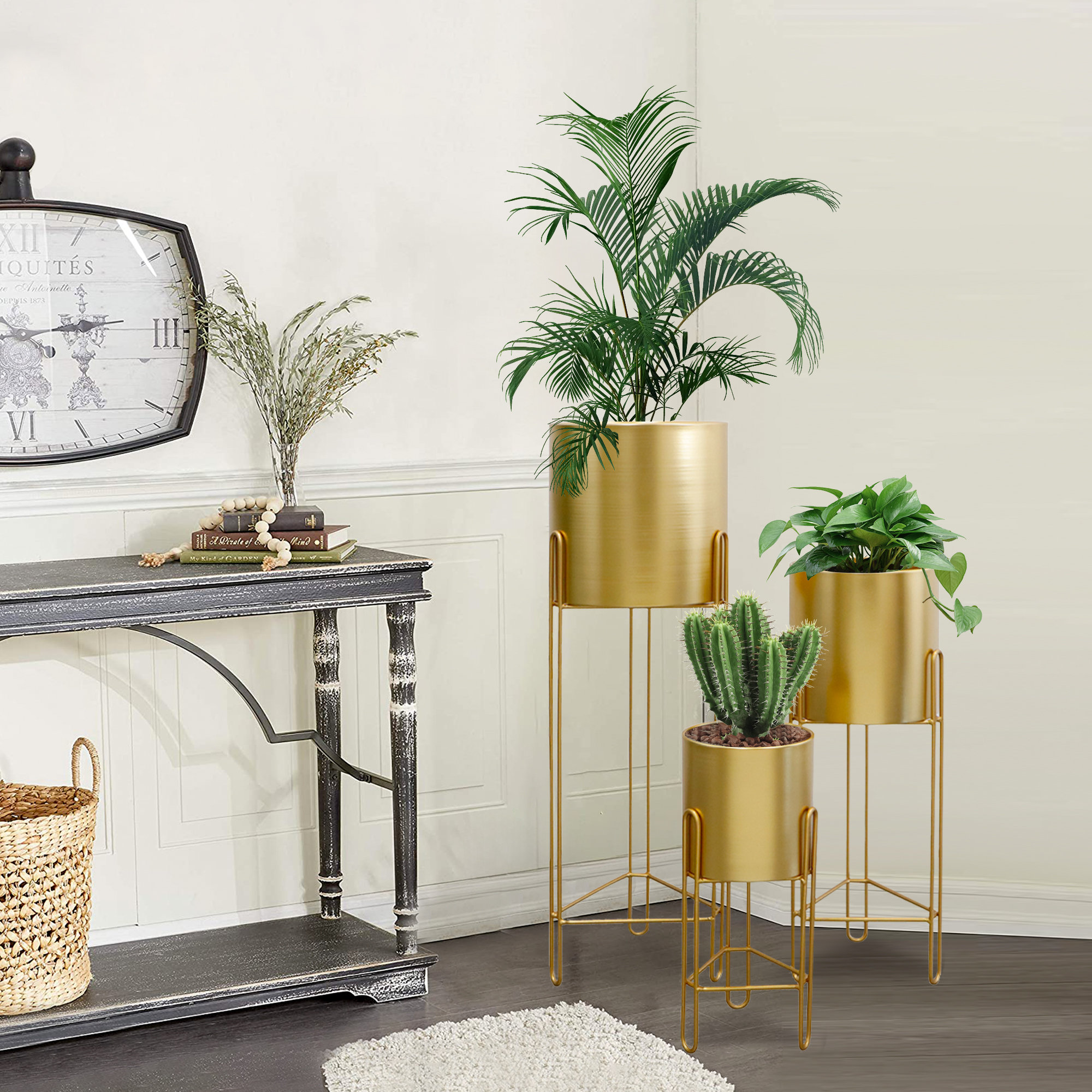 Arlmont & Co. Set of 3 Large Planters With Stand Gold Planter For ...