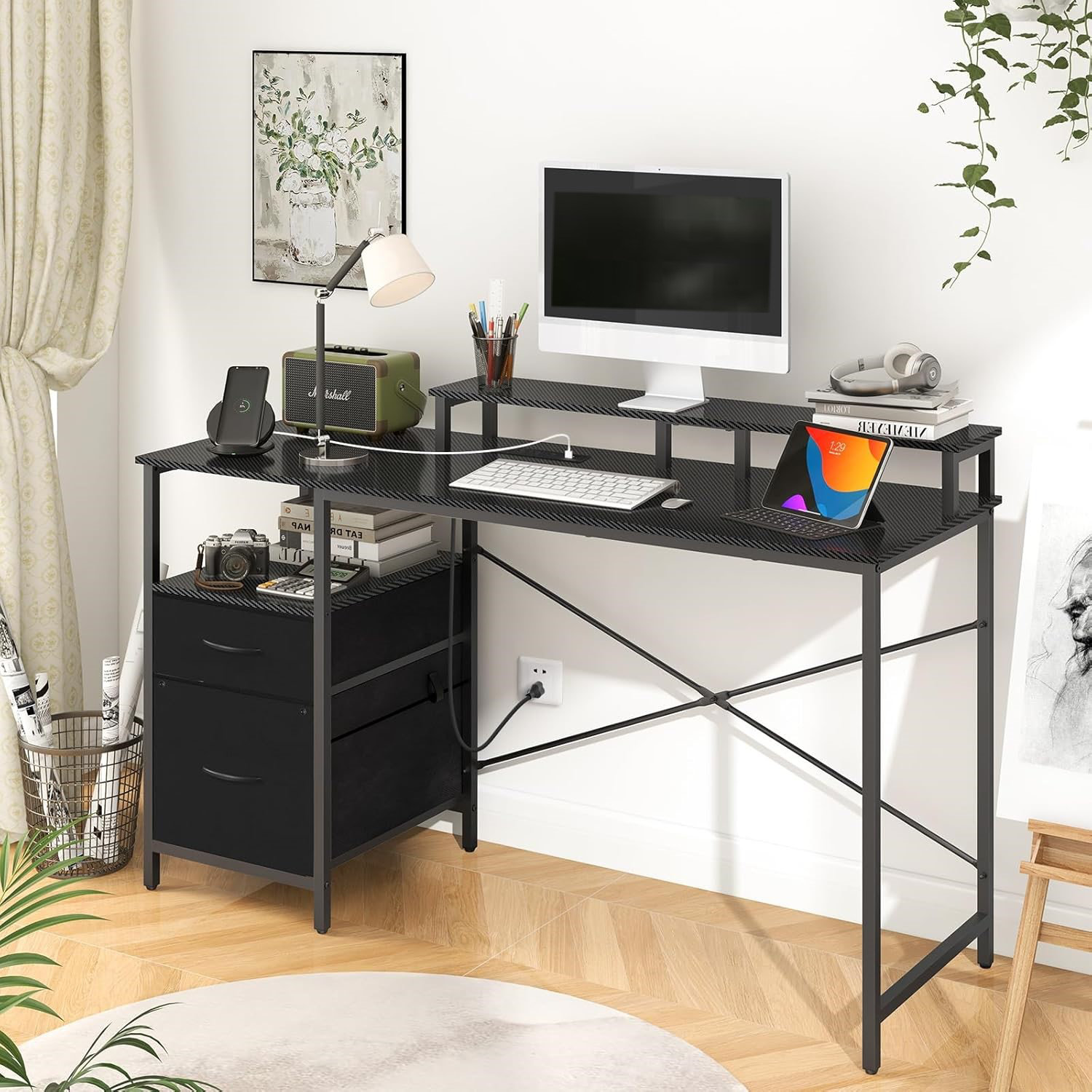 Ivy Bronx Computer Desk with Drawers, 55.1" Gaming Desk with LED Lights ...