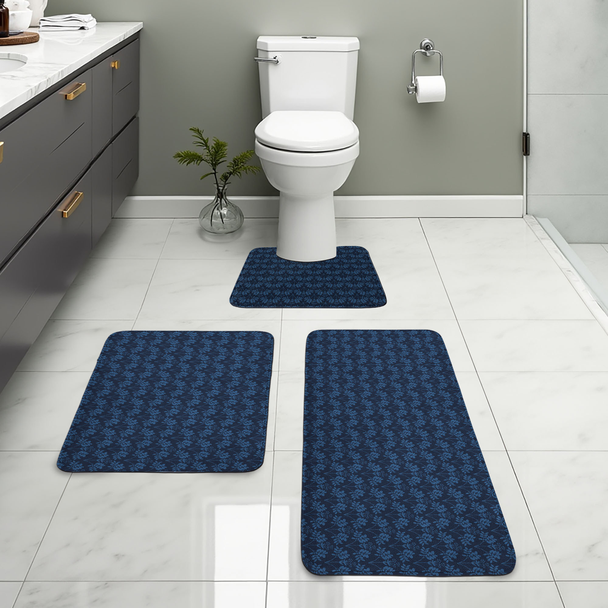 East Urban Home Blue Bathroom Rug Set 3 Pieces U-Shape & Rectangle Mats ...