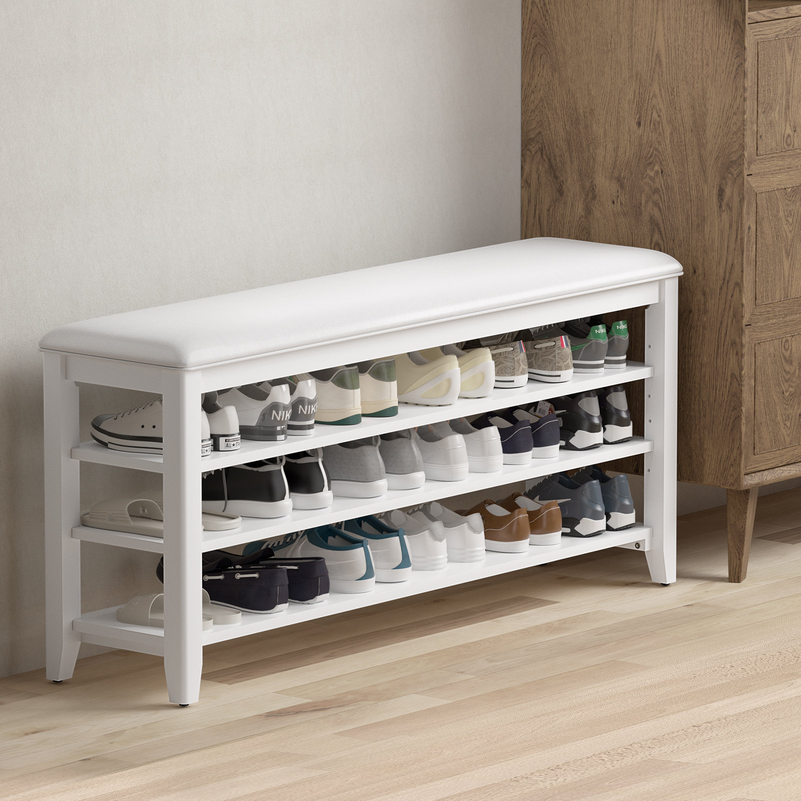 Latitude Run® Rubberwood Shoe Bench Storage For Door Entrance Organizer ...