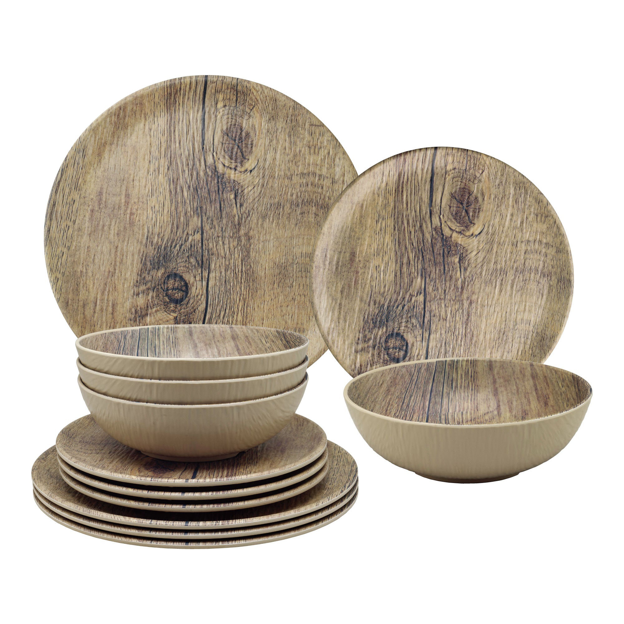 Gracie Oaks 12 Piece Wood Brown Melamine Dinnerware Set Plate and Bowl ...