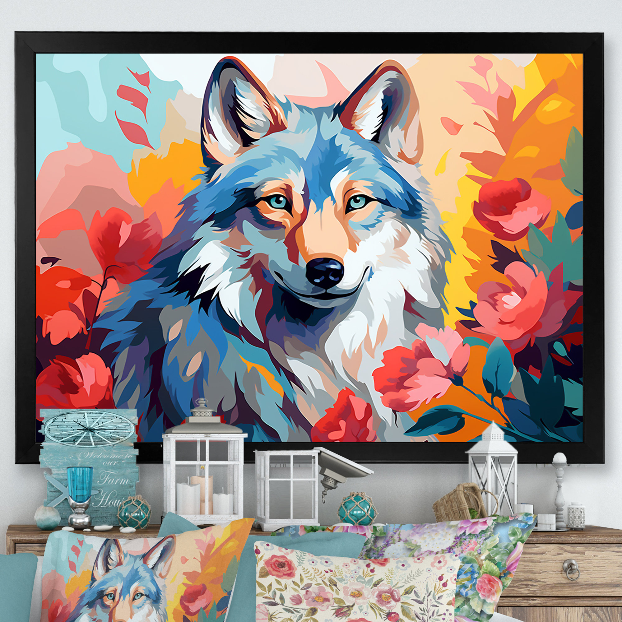 Loon Peak Impressionist Colourful Wolf Blooms I - Wolf Animal Wall Art ...