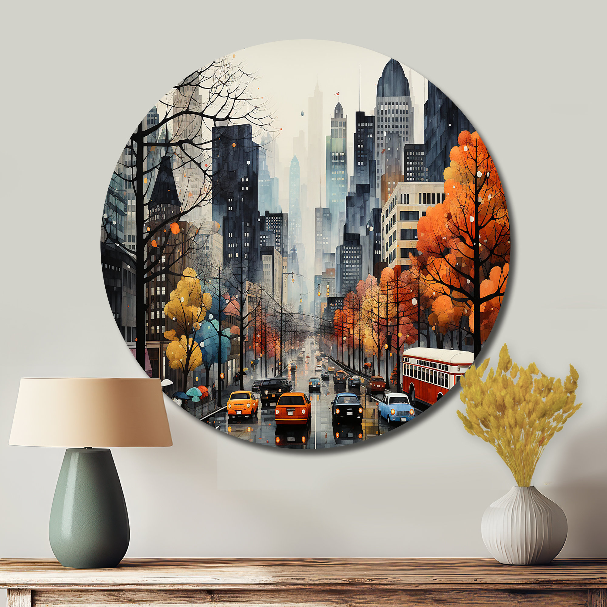 Design Art Bold Cityscape Urban Fog III - Cityscapes Round Metal Art ...