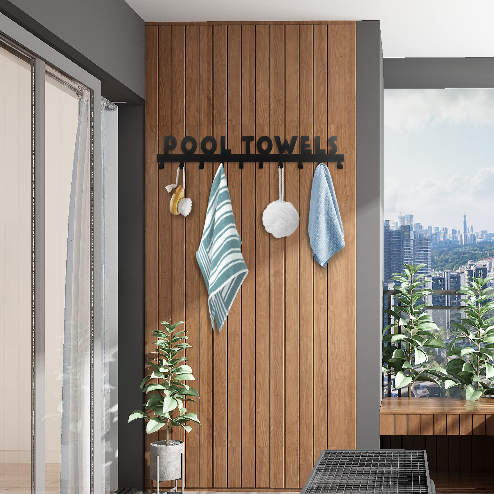 HENGANRUI Large Pool Towel Rack With 10 Hooks, Towel Holder Wall ...