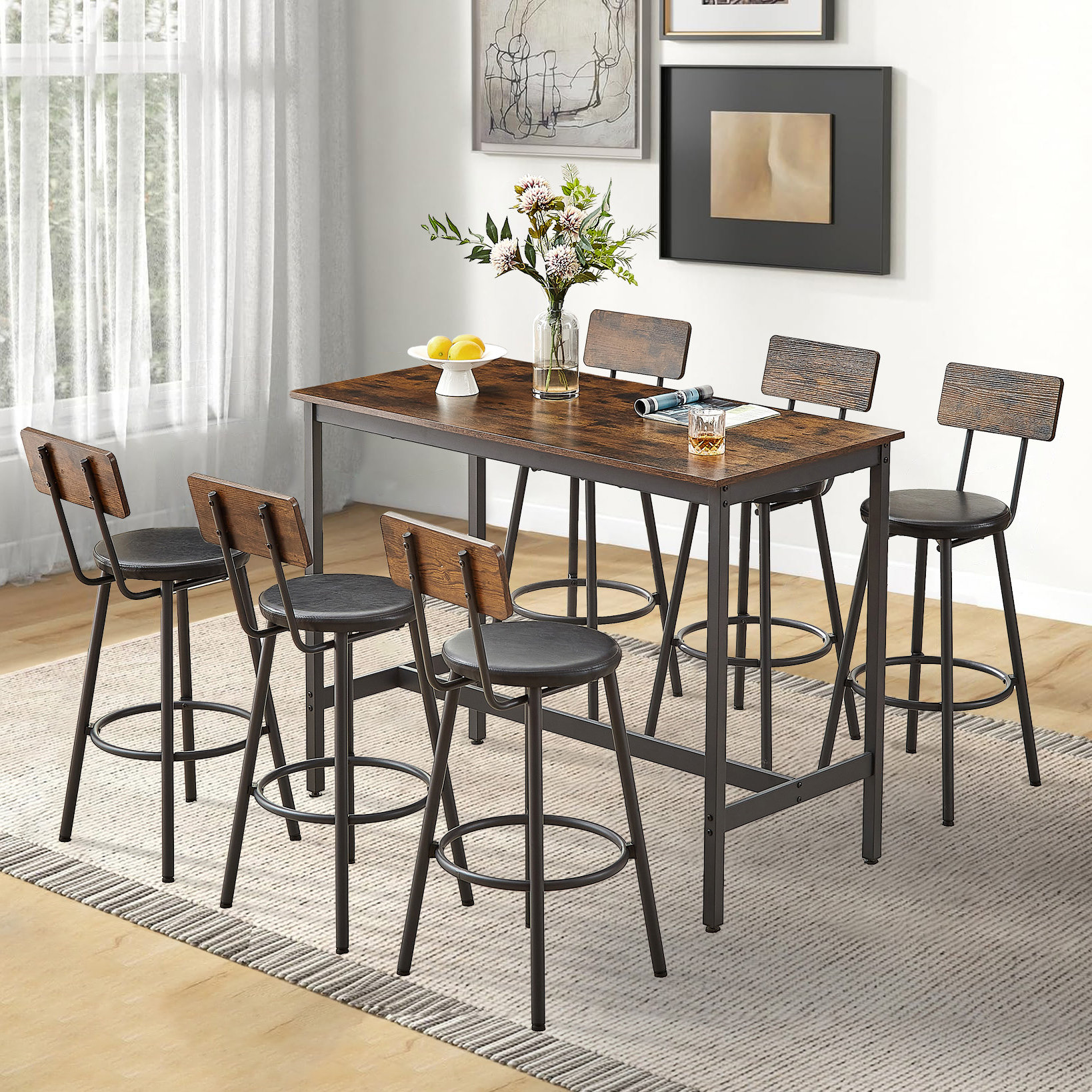 YOPENG Pub High Dining Table 7 Piece Set, Industrial Style Pub Table, 6 ...