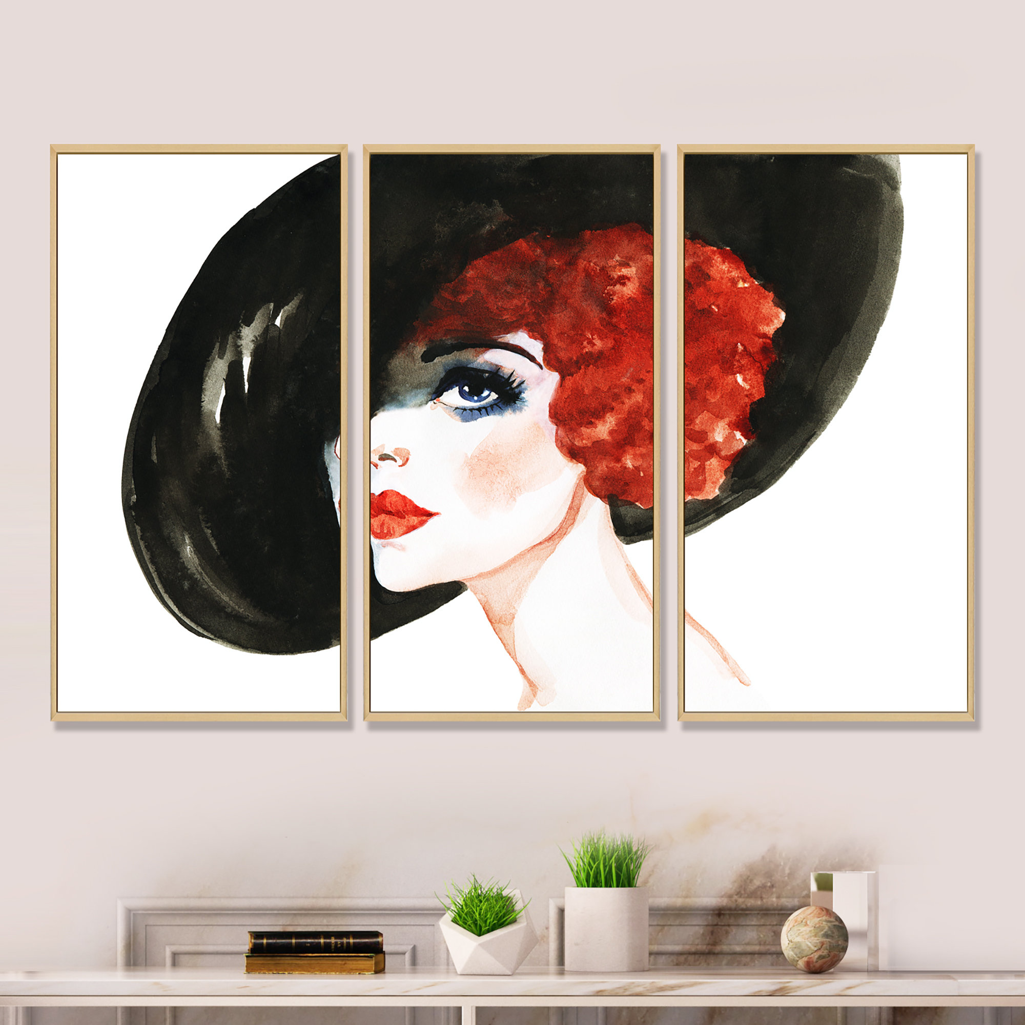 House of Hampton Red Head Lady In Hat Portrait Of Woman - 3 Piece on ...
