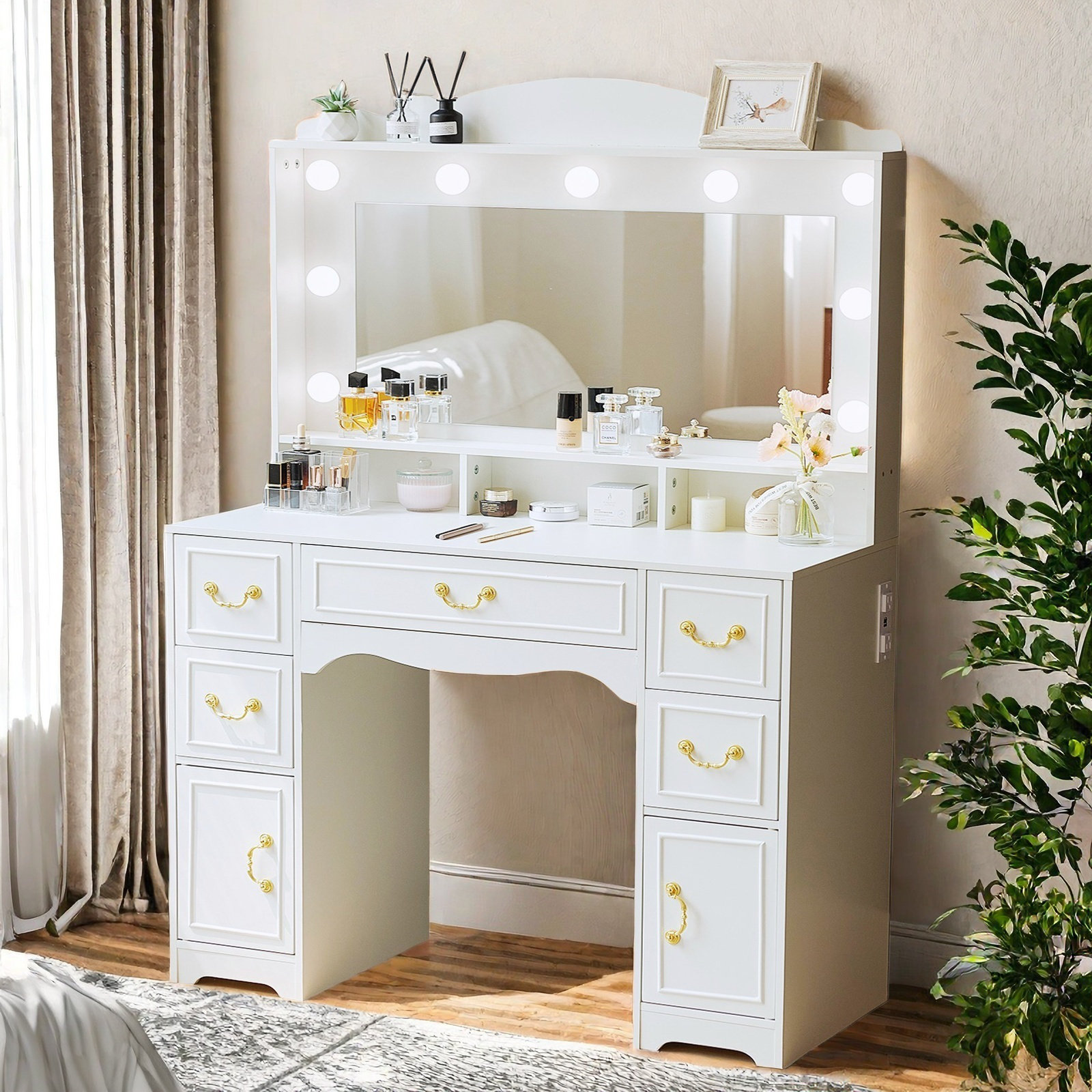 Winston Porter Large Makeup Vanity Desk With Lightes and Mirror ...