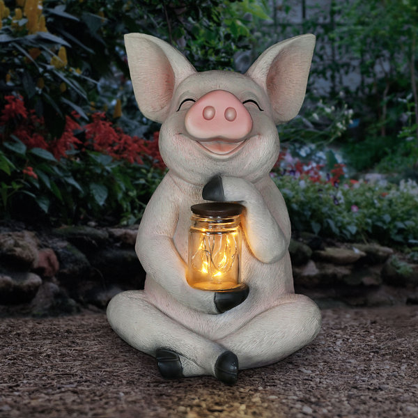 Exhart Solar Pig Garden Statue Holding a Glass Jar with Eight LED ...