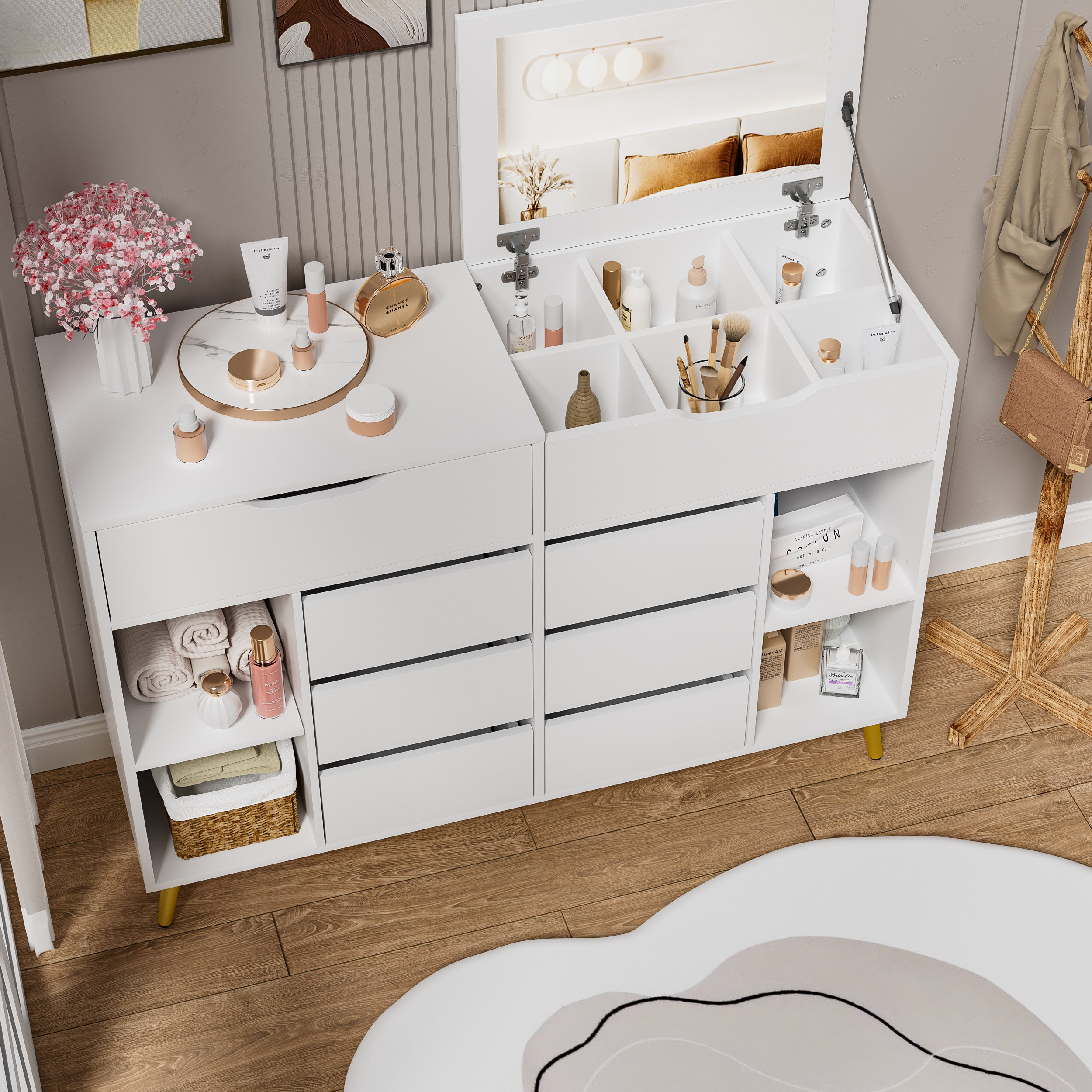 Mercer41 Queri White Dresser, Modern Storage Dresser with Mirror ...