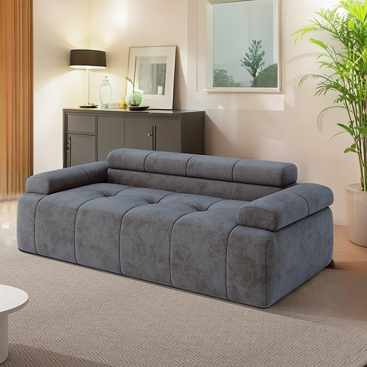 Hokku Designs 94.49"Gray Puff-Shaped Velvet Compression Sofa | Wayfair